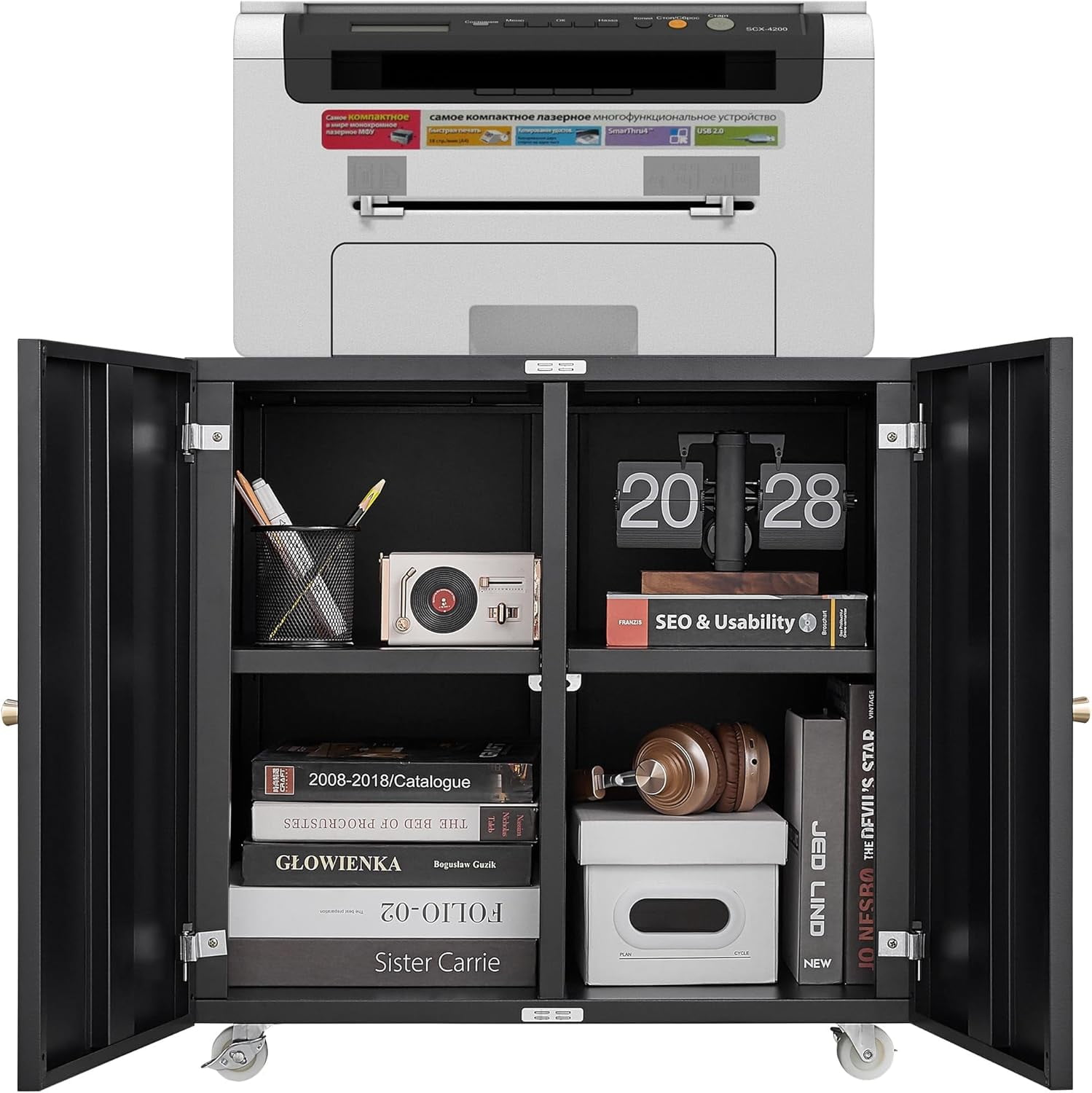 Home Office Printer Stand with Wheels Mobile File Cabinet with Doors ...