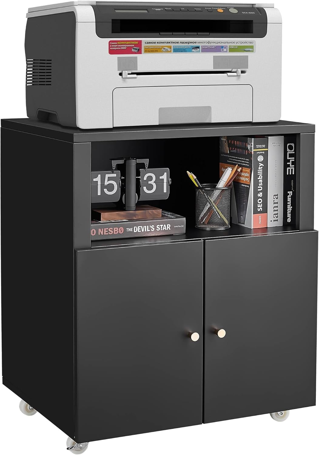 Home Office Printer Stand with Wheels Mobile File Cabinet with Open ...