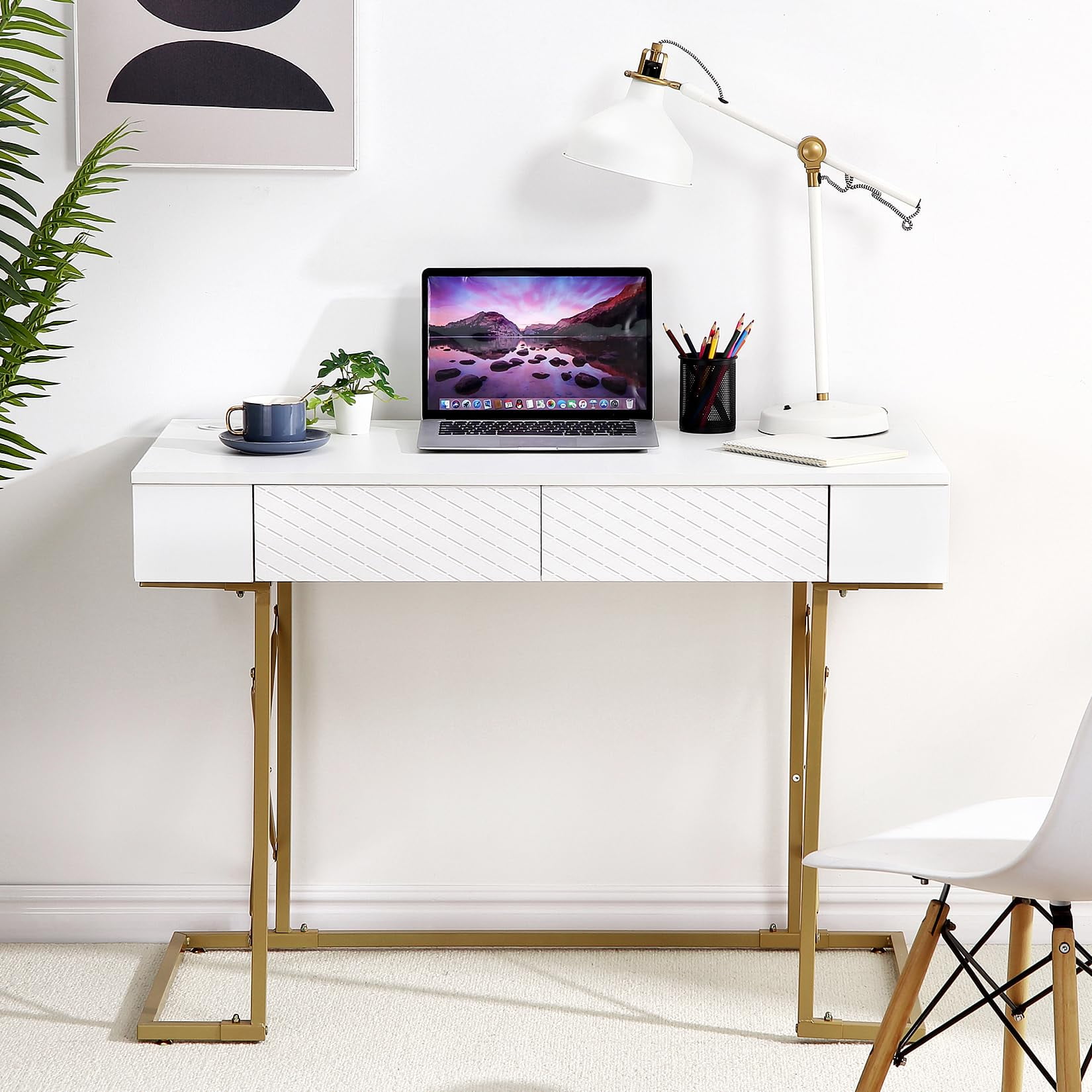 Home Office Small Desk with Drawers and Charging Station, 42 Inch White ...