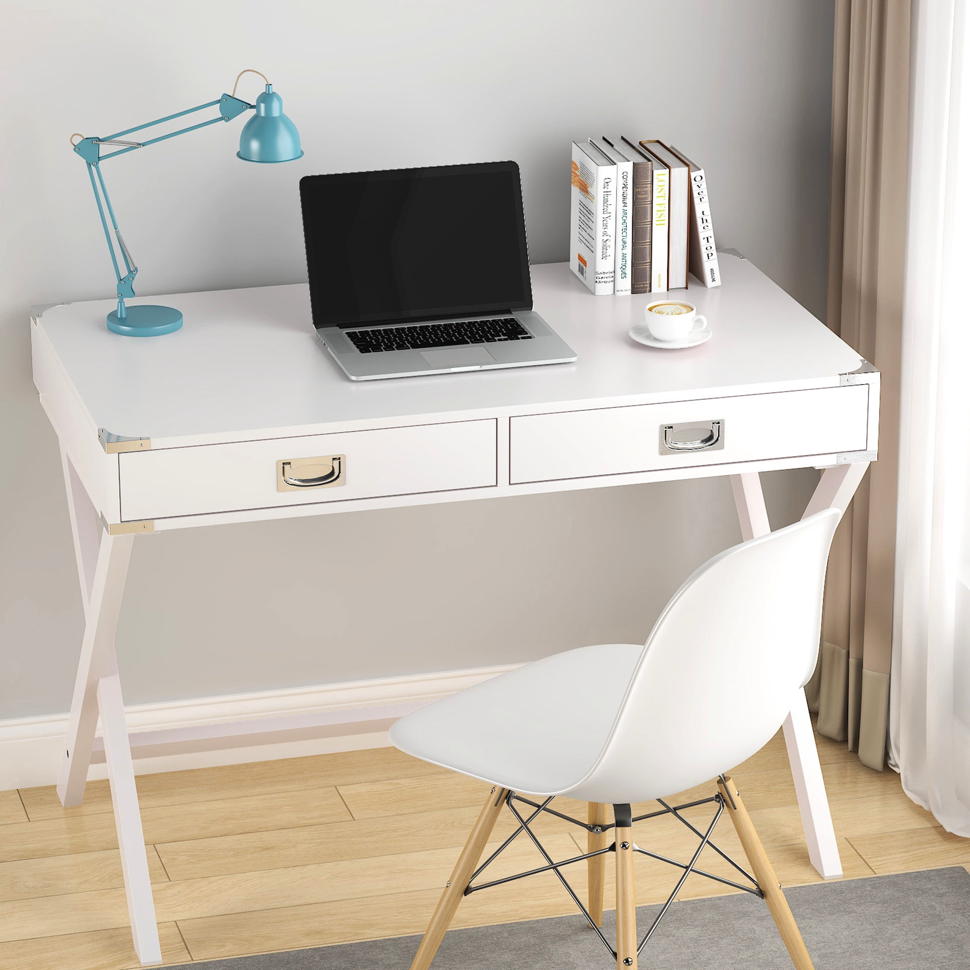 Home Office Solid Wood Desk With Drawer Storage, Modern White Work ...