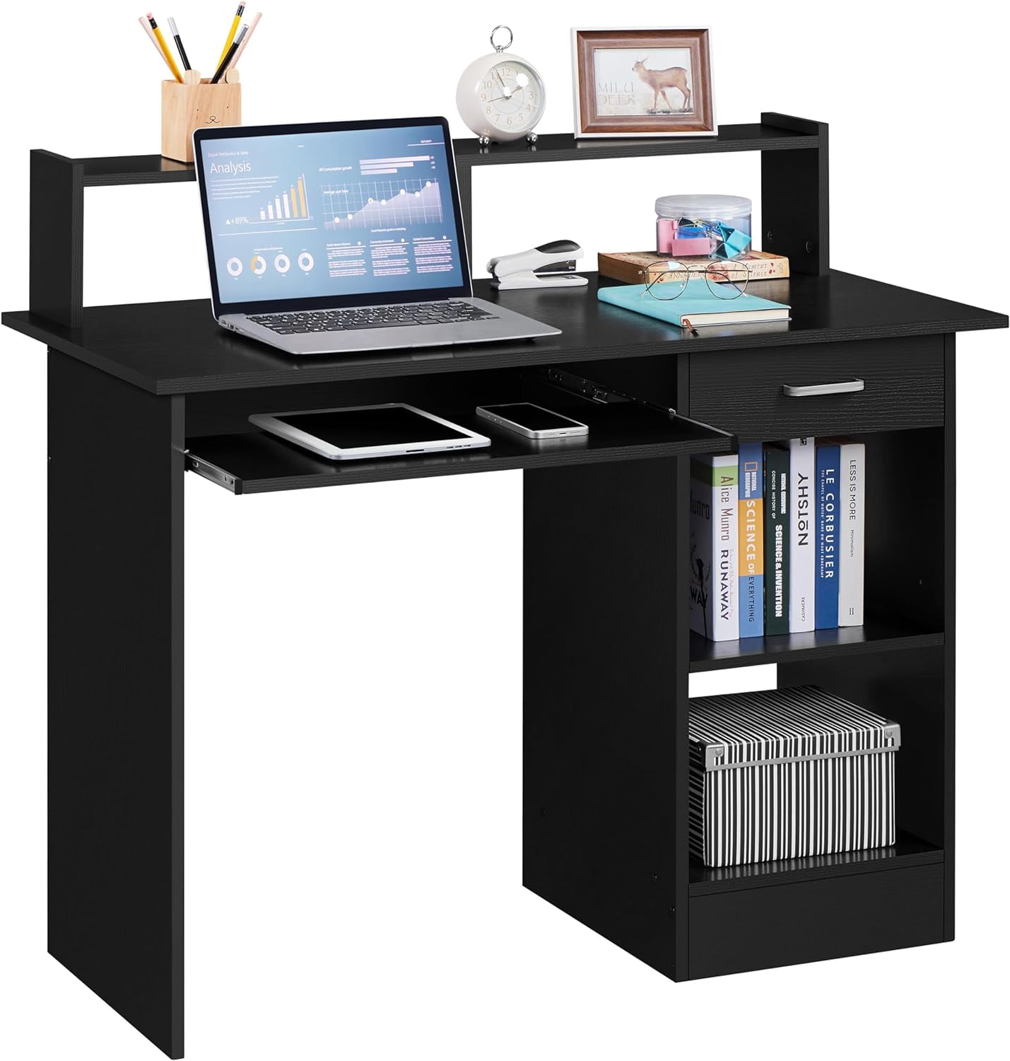 Home Office Wood Computer Desk with Drawers and Pull-Out Keyboard Tray ...