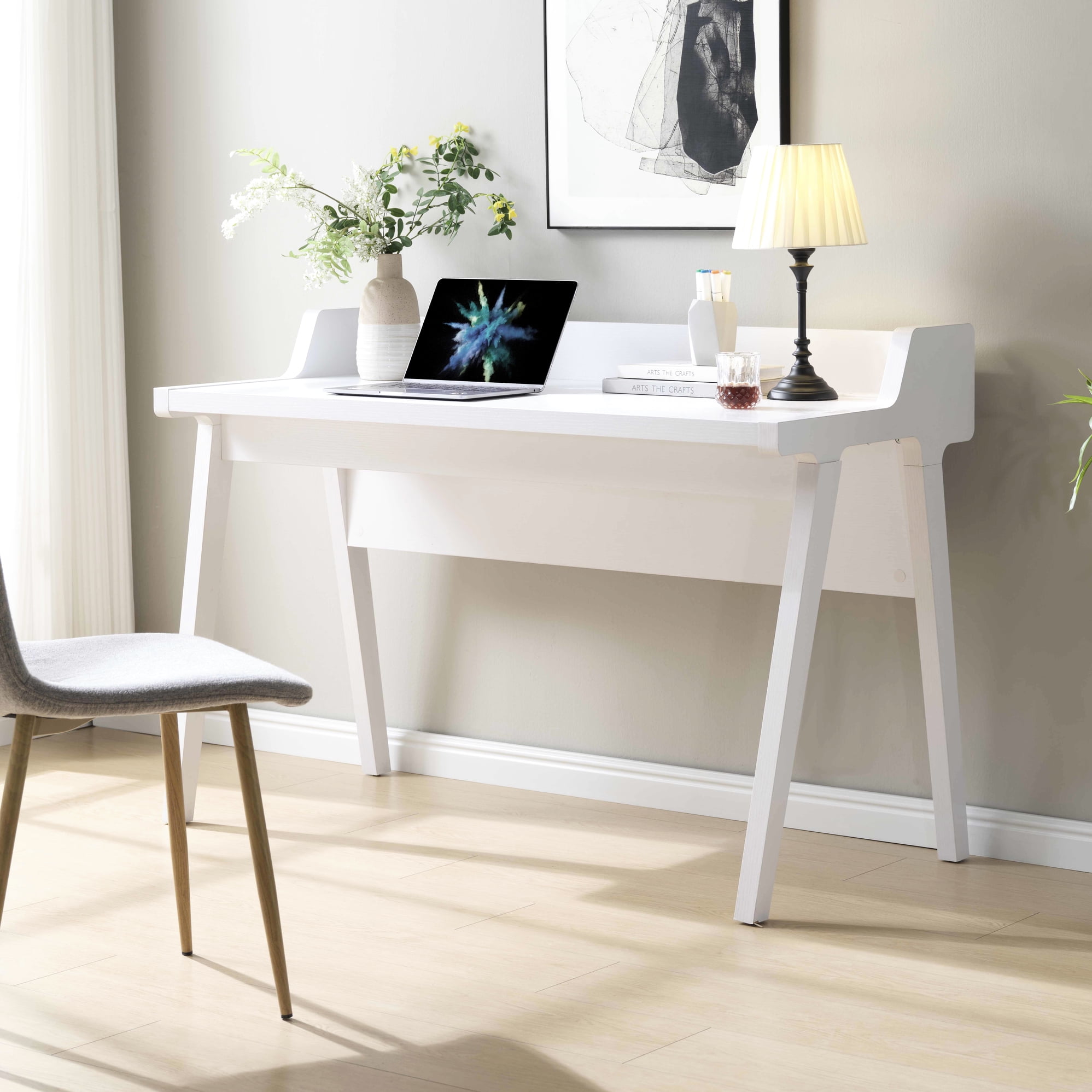 Home Office Workstation With Grounded Outlet And White Writing Desk For ...