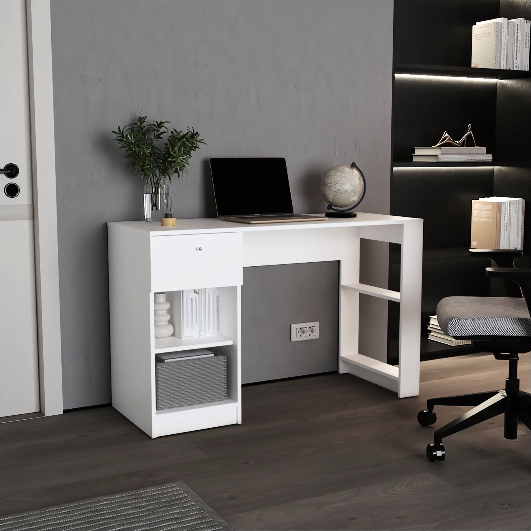 Home Office Writing Desk 47" Wide, One Drawer & Four Shelves, White ...