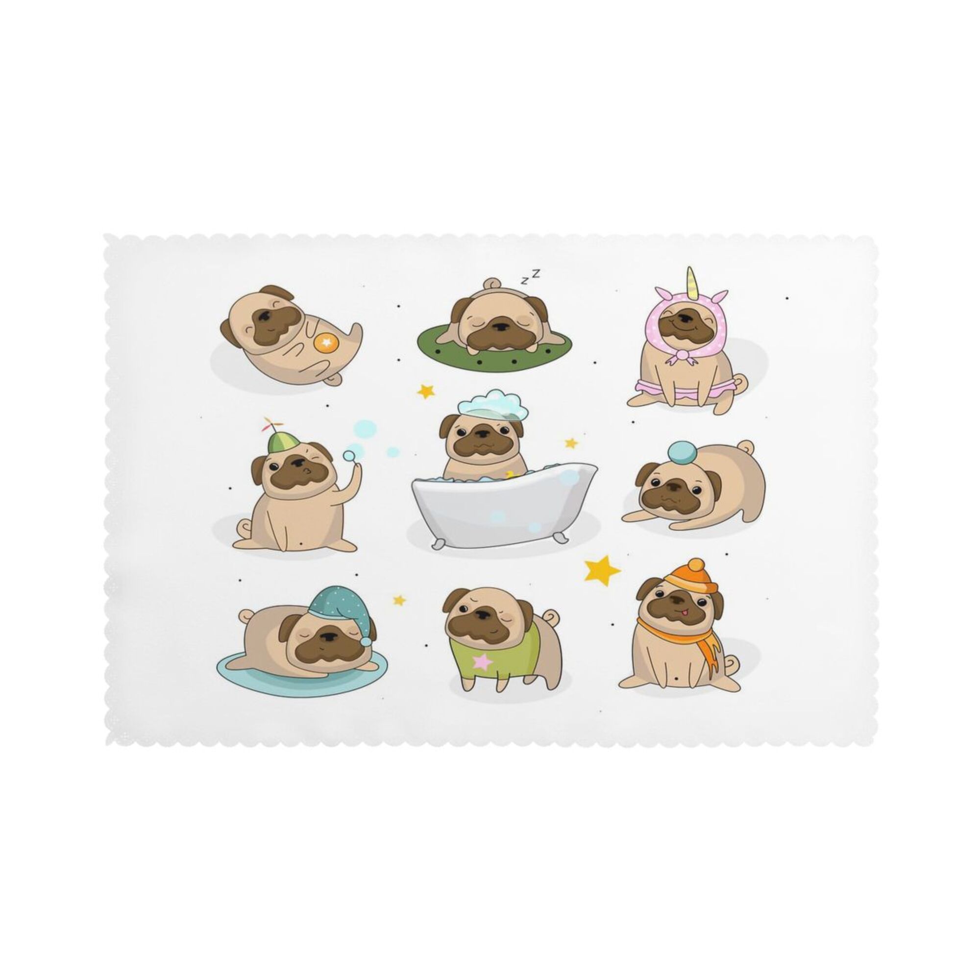 Home Pug Dog Set Hand Drawn Pug Stickers Placemats Set Of 6 Washable ...