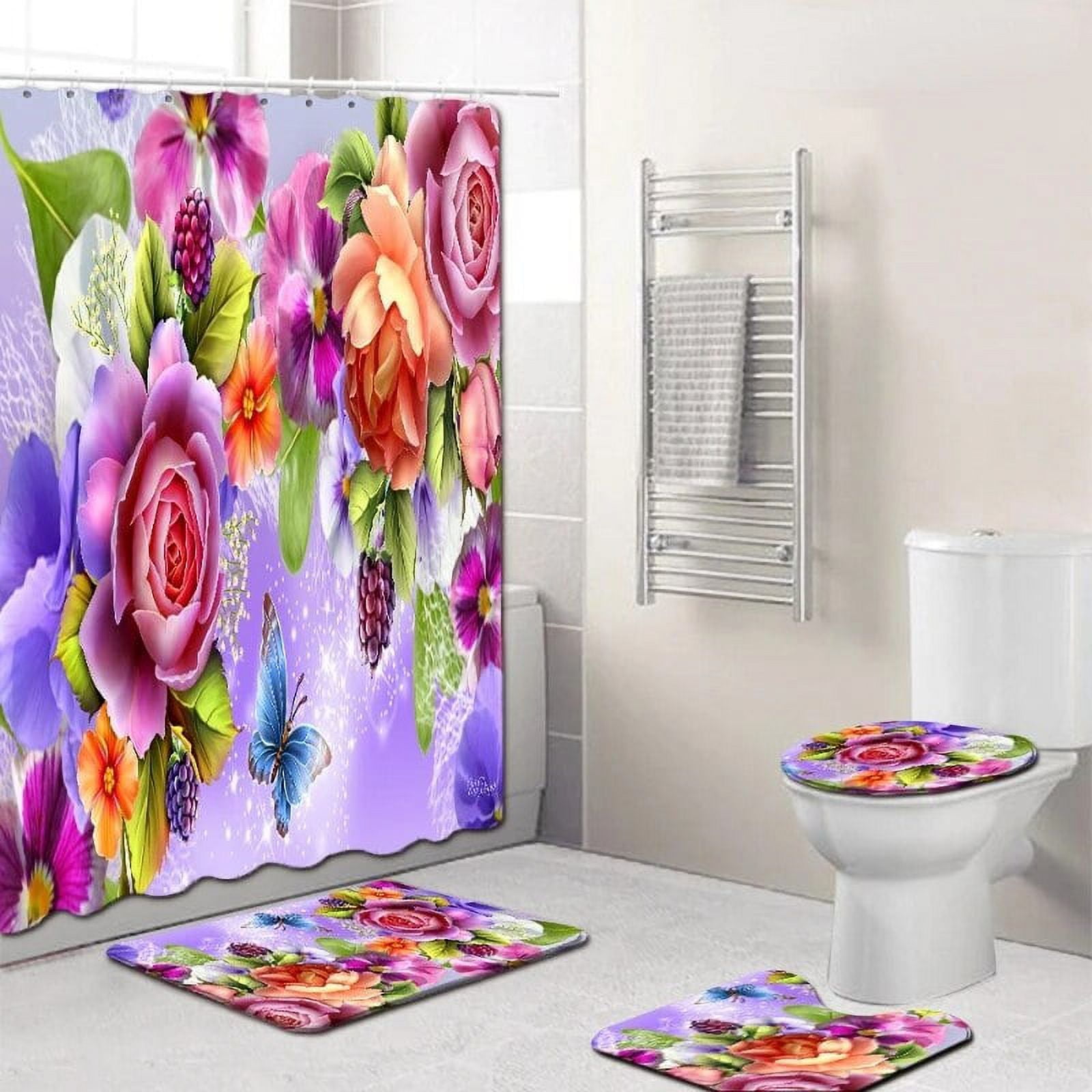 Home Purple Flower Butterfly Waterproof Print Shower Curtain 4 Piece