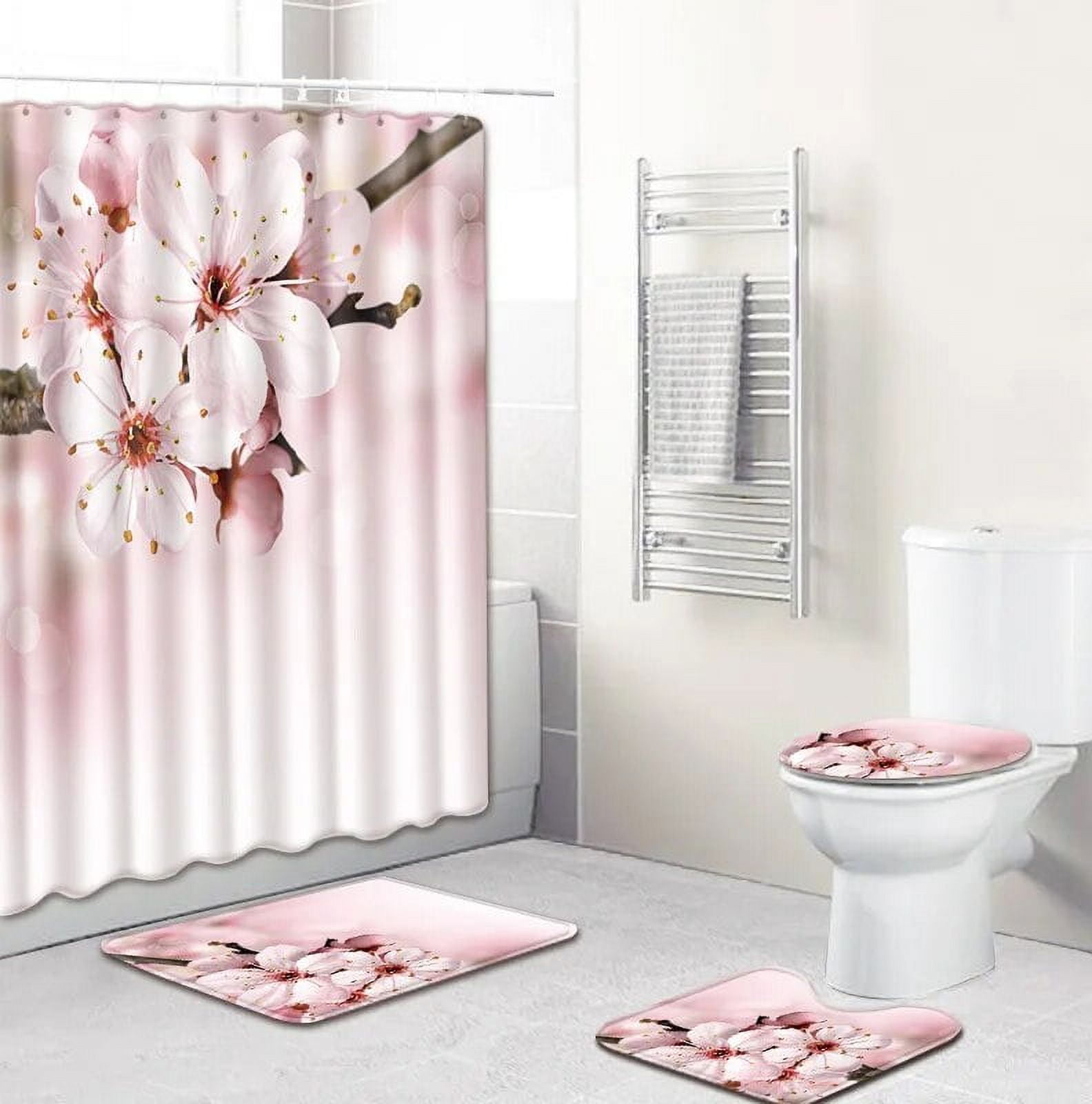 Home Purple Flower Butterfly Waterproof Print Shower Curtain 4 Piece