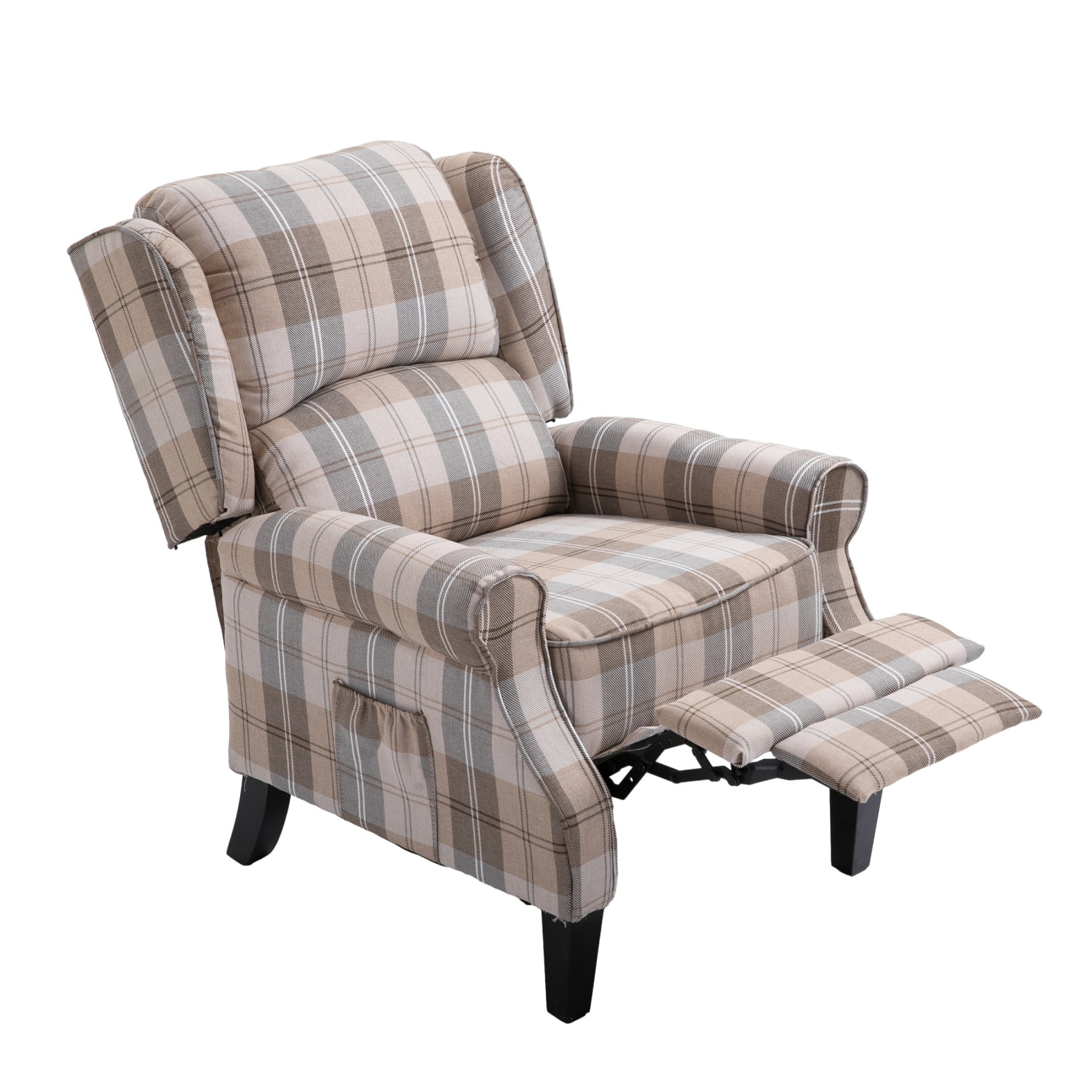 Beige Check Push Back Recliner Chair with Adjustable Backrest, Footrest ...
