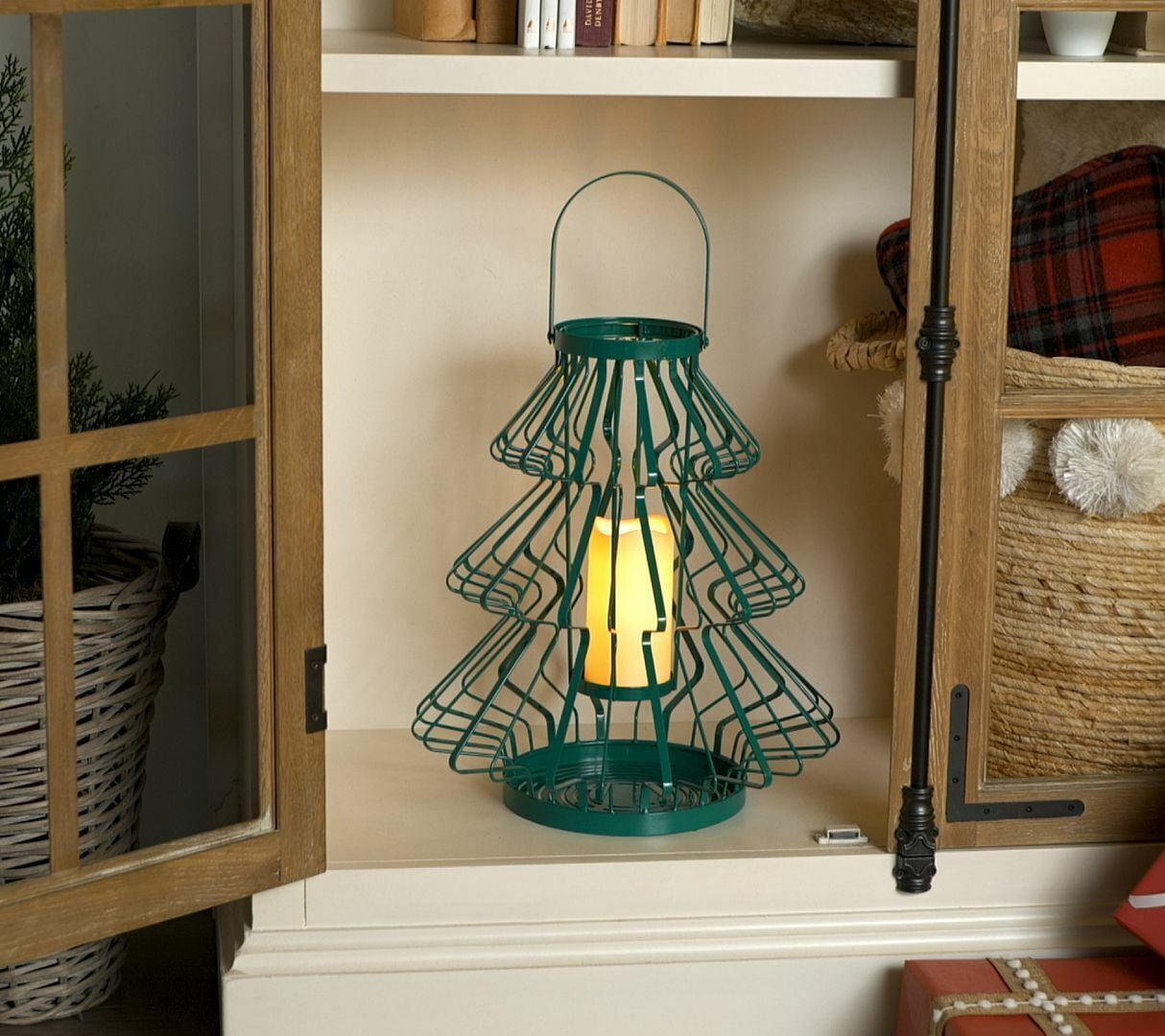 Home Reflections 16" Flameless Tree Lantern w/ Pillar& Remote in Green ...