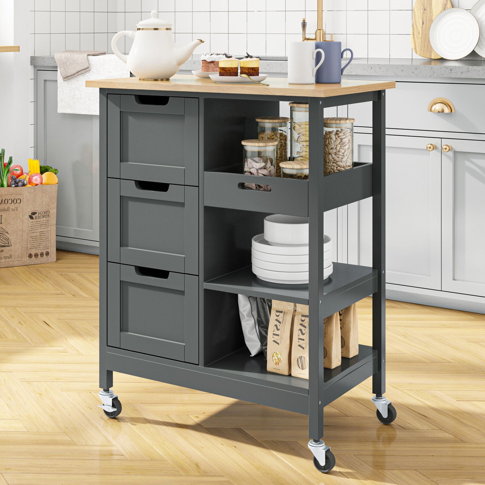 Home Rolling Kitchen Trolley Cart Cart 33'' Rolling Kitchen Island Cart ...