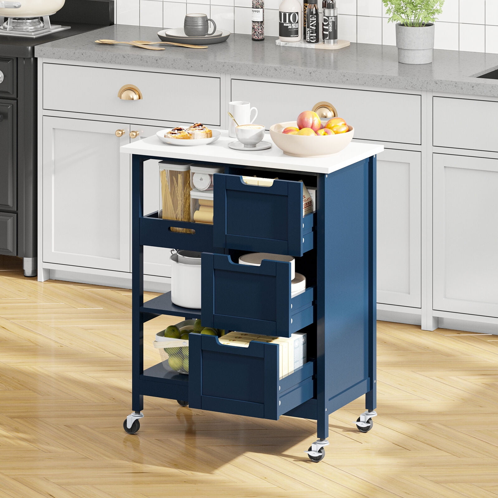 Home Rolling Kitchen Trolley Cart Cart 33'' Rolling Kitchen Island Cart ...