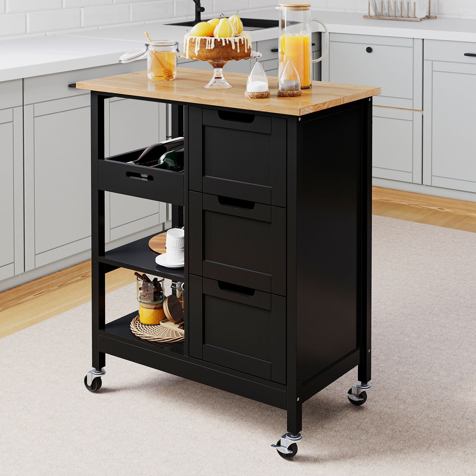 Home 33'' Rolling Kitchen Island Cart, Microwave Stand with Wheels ...