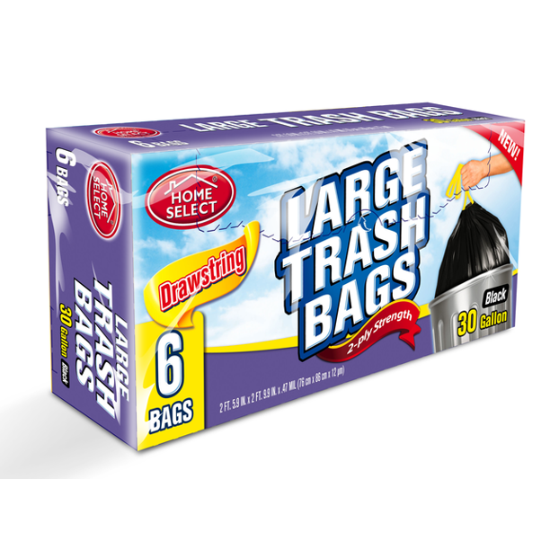 Home Select Drawstring Trash Bags, Extra Large Trash Bags, Black, 30 ...
