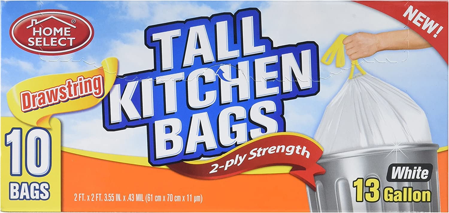 Home Select Tall Kitchen Bags with 2 Ply Strength, 13 Gallon, White, 10 ...
