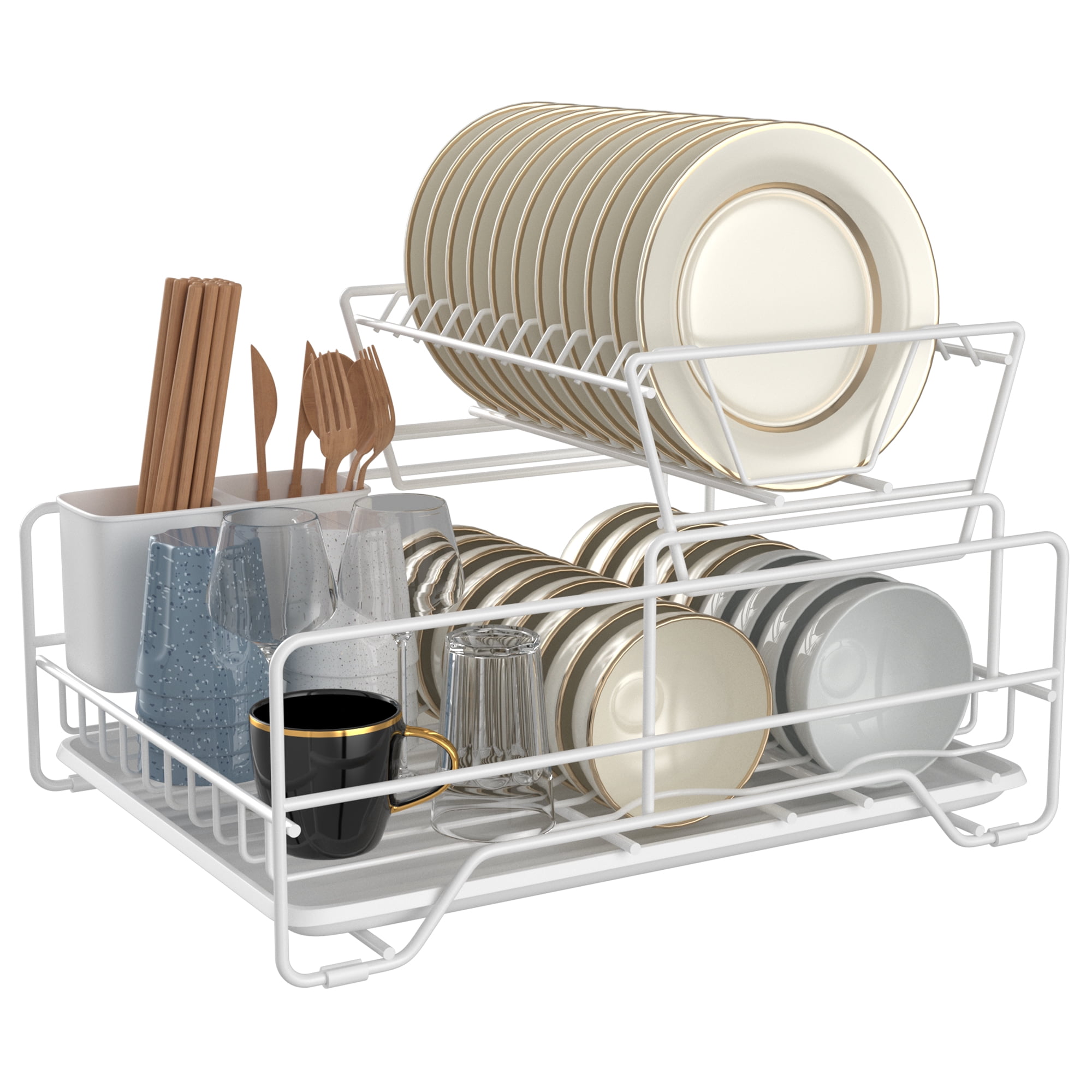 Home Shark 2 Tier Dish Drainer Rack Set, White Counter Rust-Resistant ...