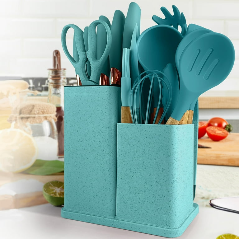 Turquoise Kitchen Utensils 19 Pcs Wooden Handle Silicon Cooking