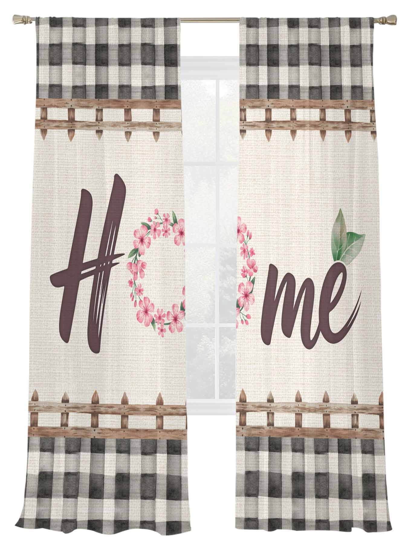 Home Sheer Curtains 2 Panels Set Spring Flower Ring Leaf Wooden ...