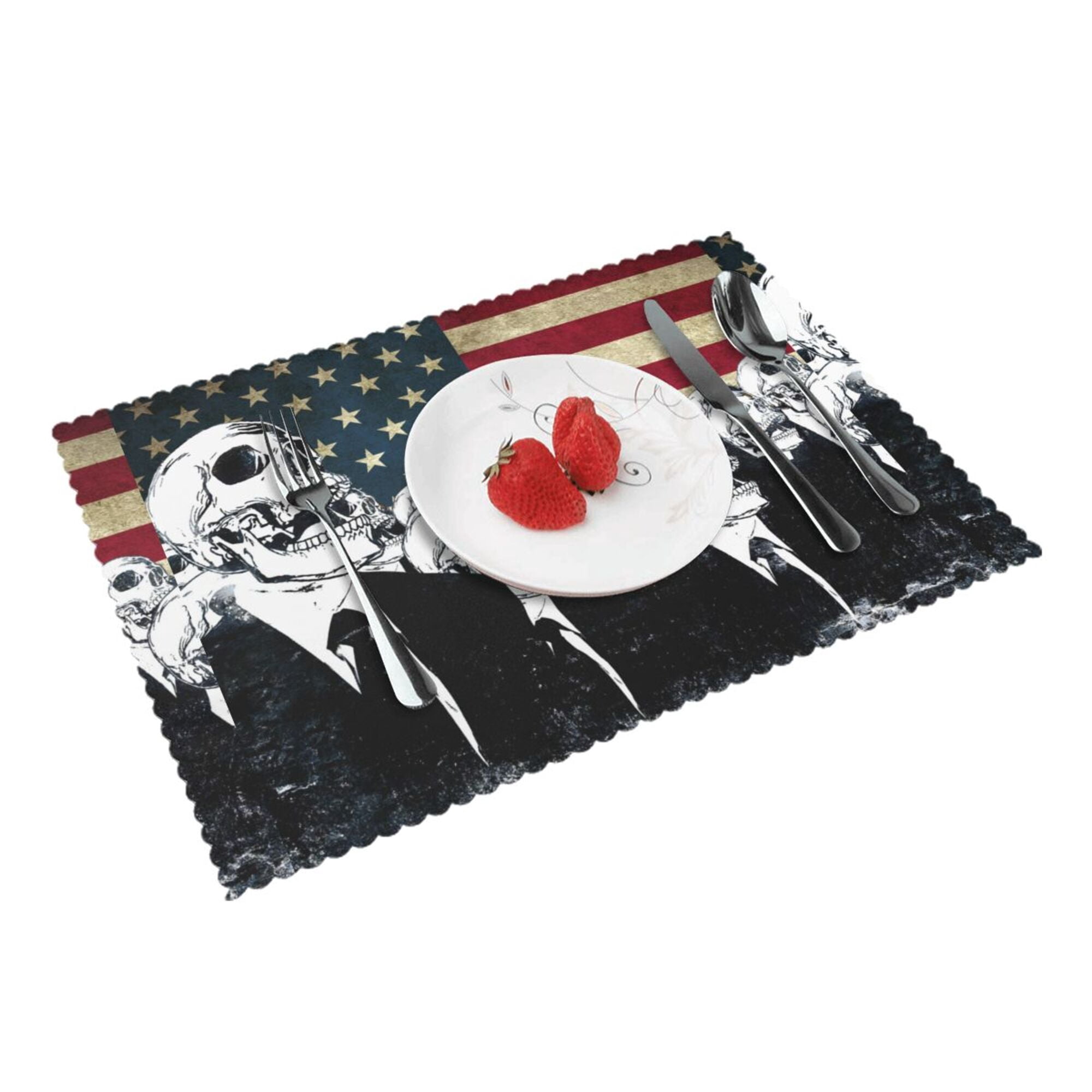 Home Skeleton Skull On Usa Flag Placemats Set Of 4 Washable Wipeable ...