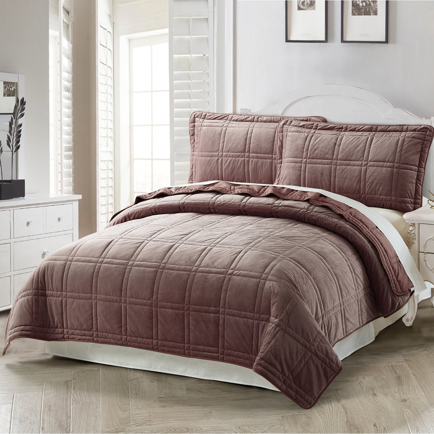 Home Soft Things 3 Piece Box Quilted Micromink Bedspread Set - Oatmeal ...
