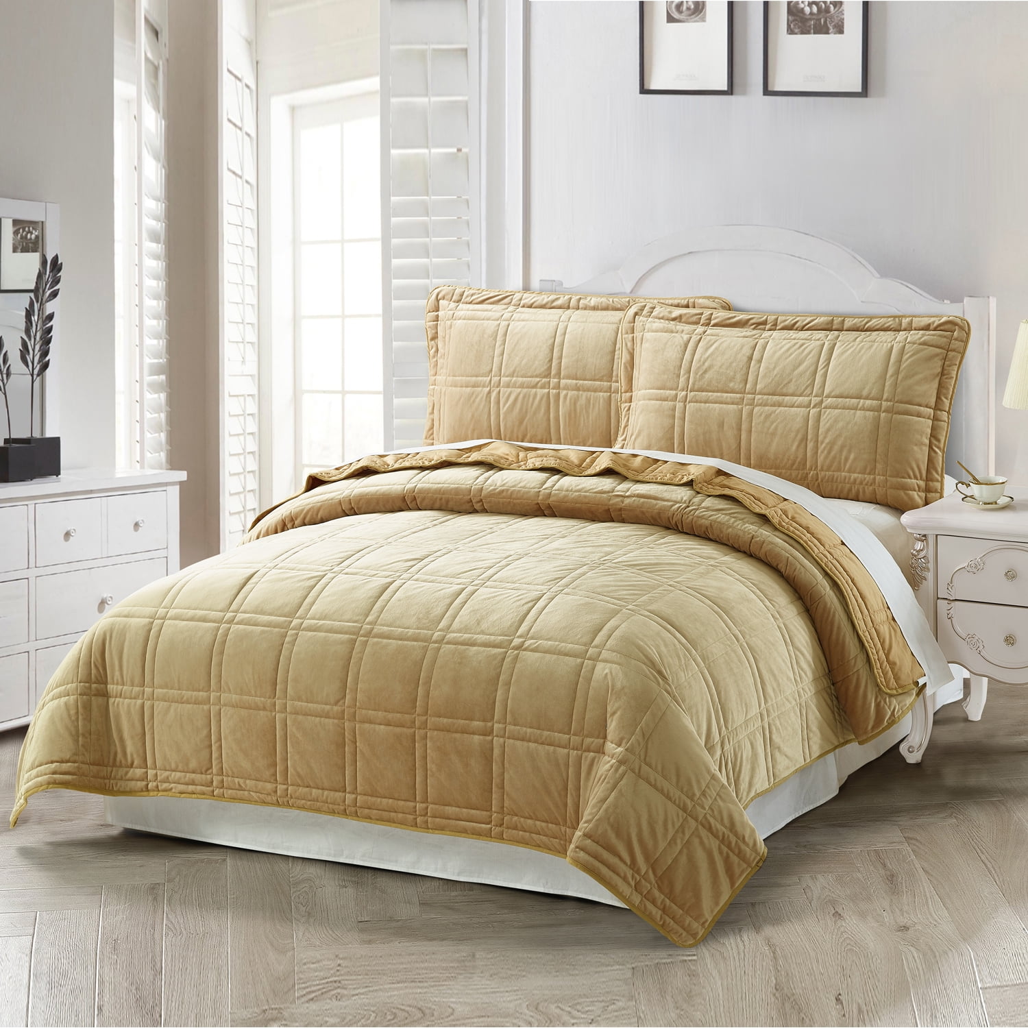 Home Soft Things 3 Piece Box Quilted Micromink Bedspread Set -Taupe ...