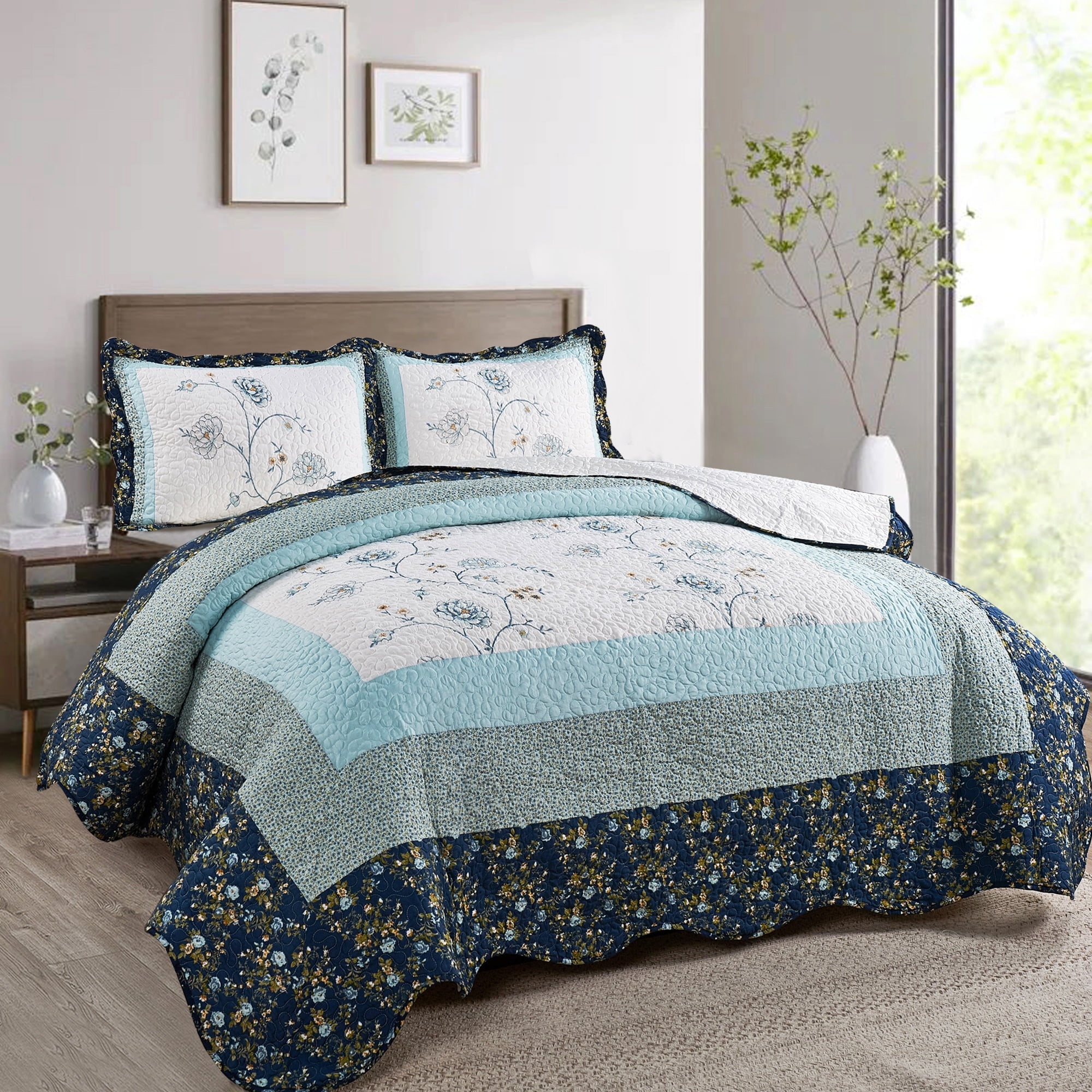 Home Soft Things Dorset Floral Patchwork Bedspread Set, Blue, Queen ...