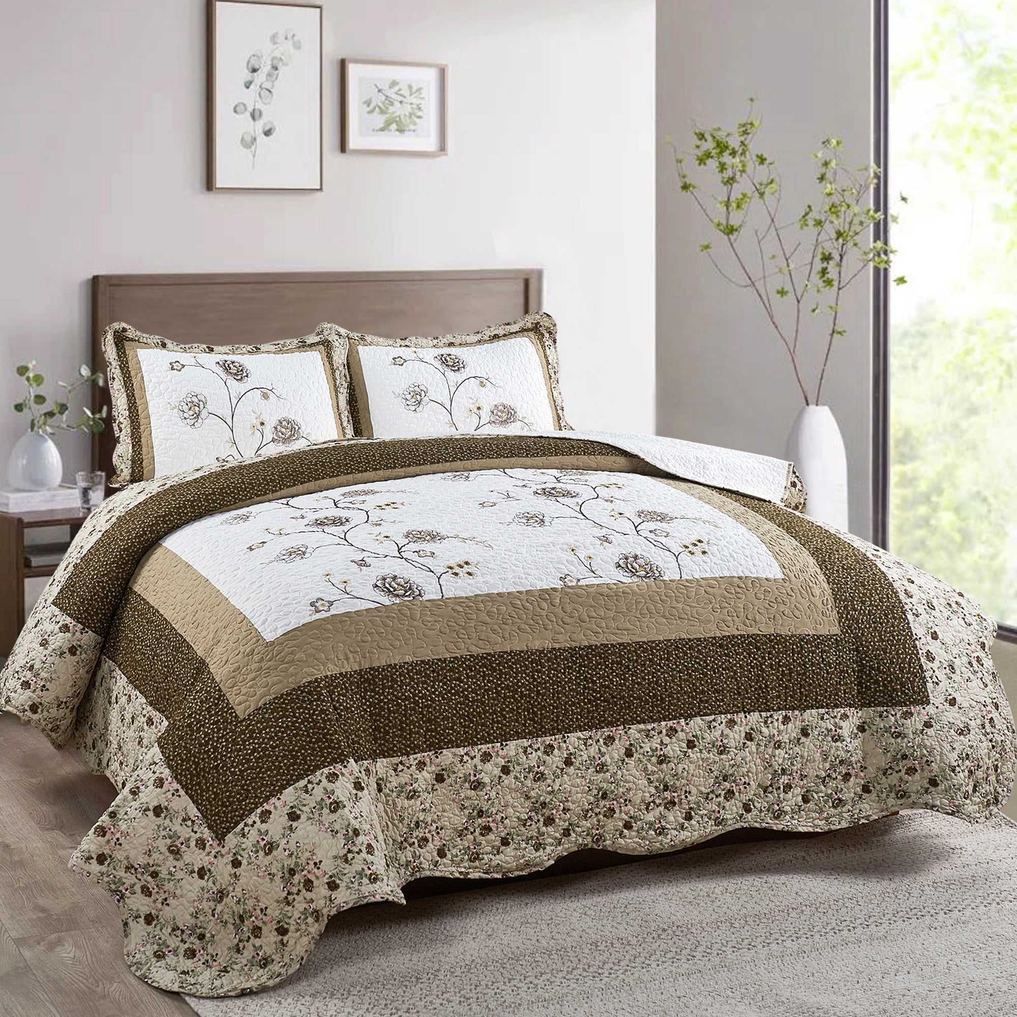 Home Soft Things 3 Piece Dorset Floral Patchwork Bedspread Set - Coffee ...