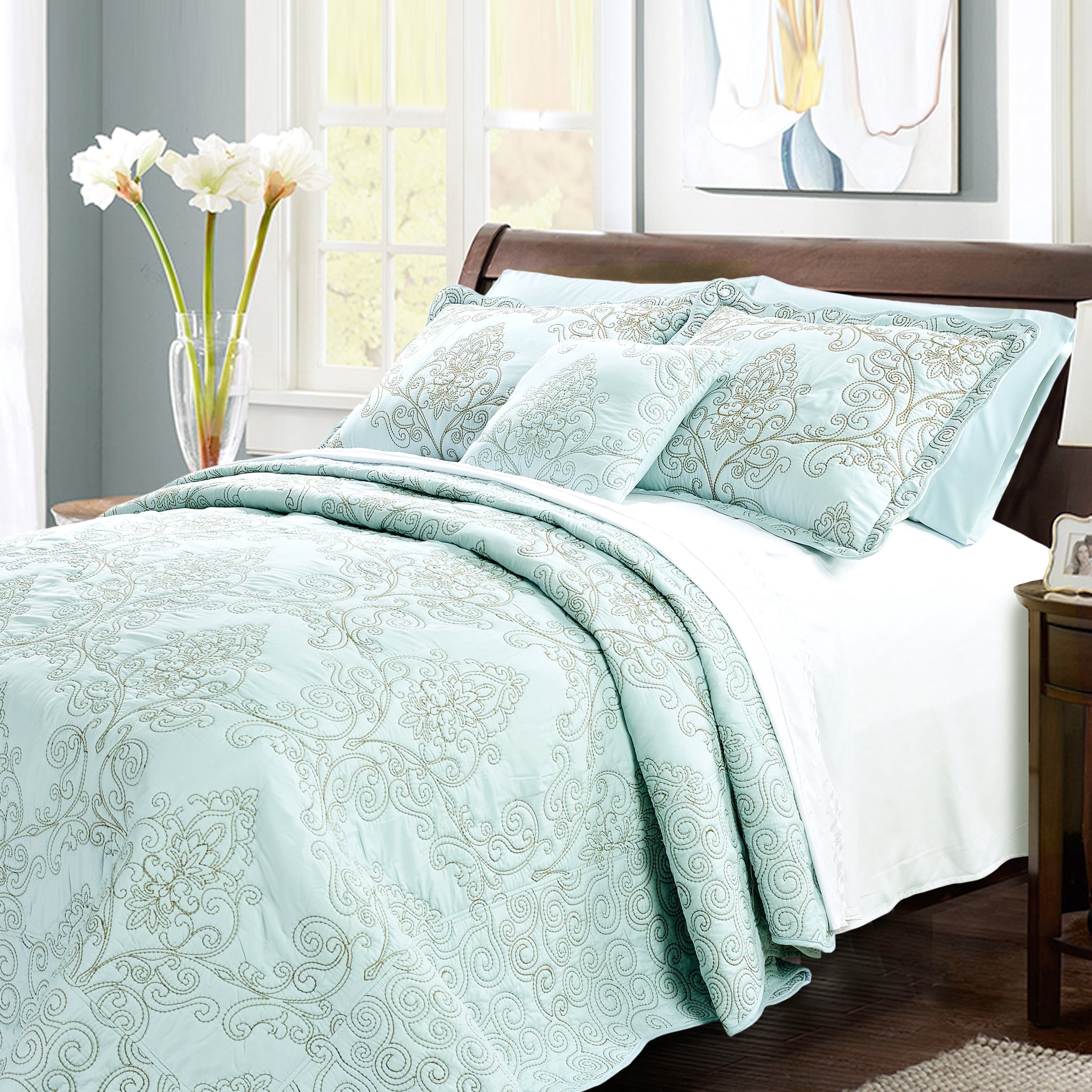 Home Soft Things 4-Piece Reversible Damask Embroidery Bedspread Set ...