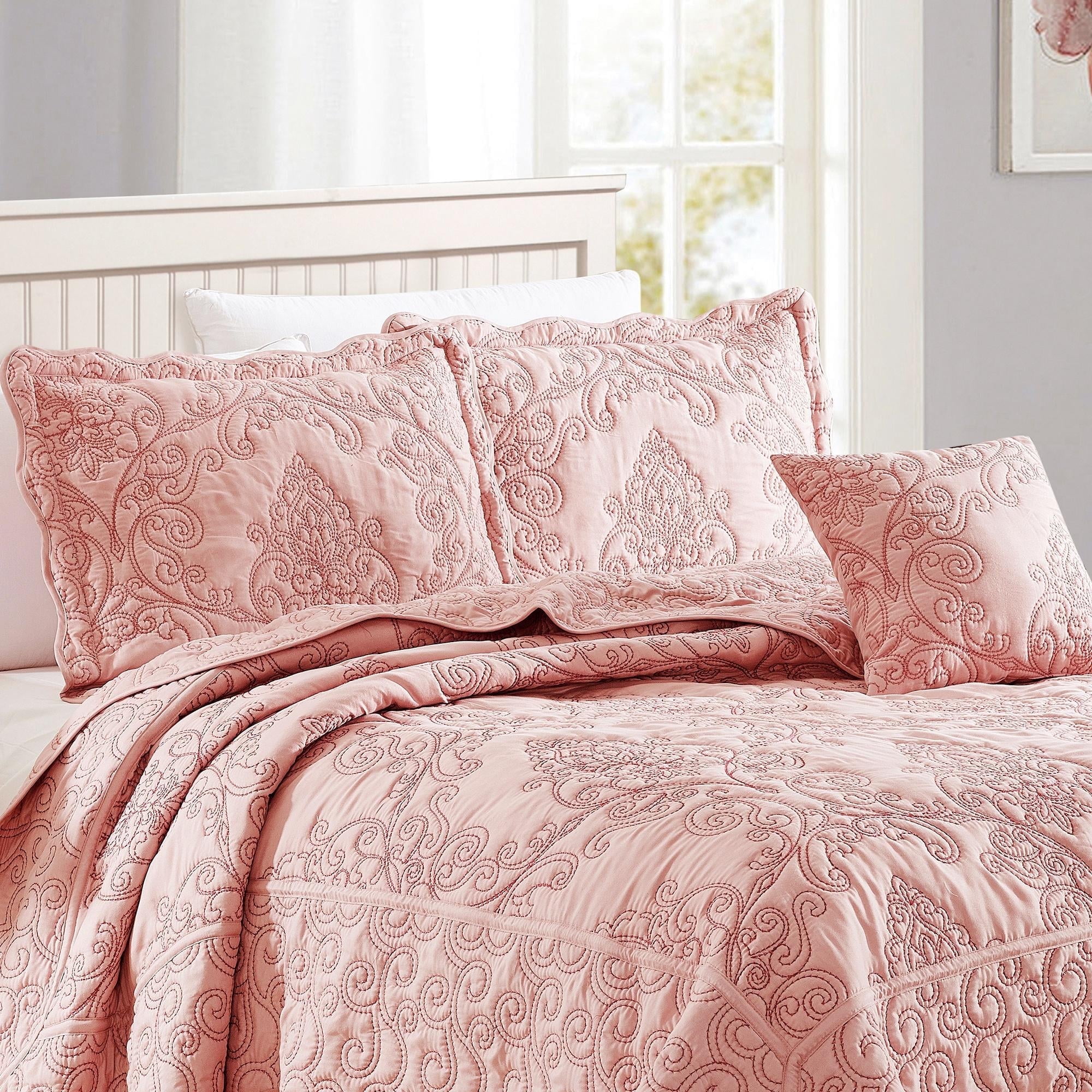Home Soft Things 4-Piece Reversible Damask Embroidery Bedspread Set ...