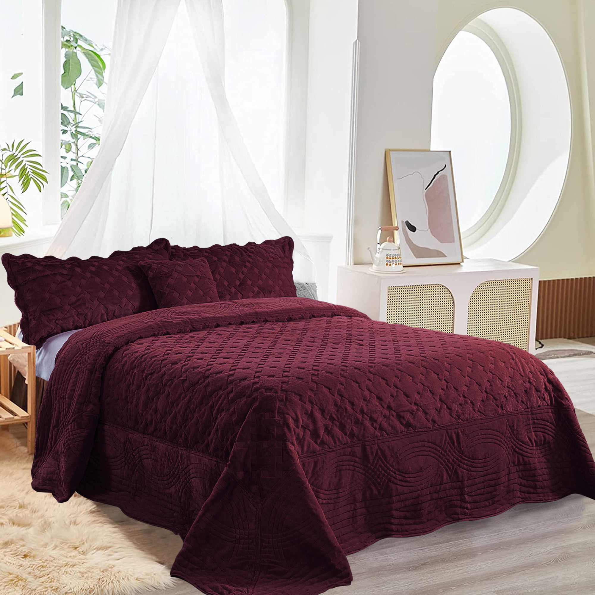 Home Soft Things 4 Piece Tatami Quilted Faux Fur Bedspread - Burgundy ...