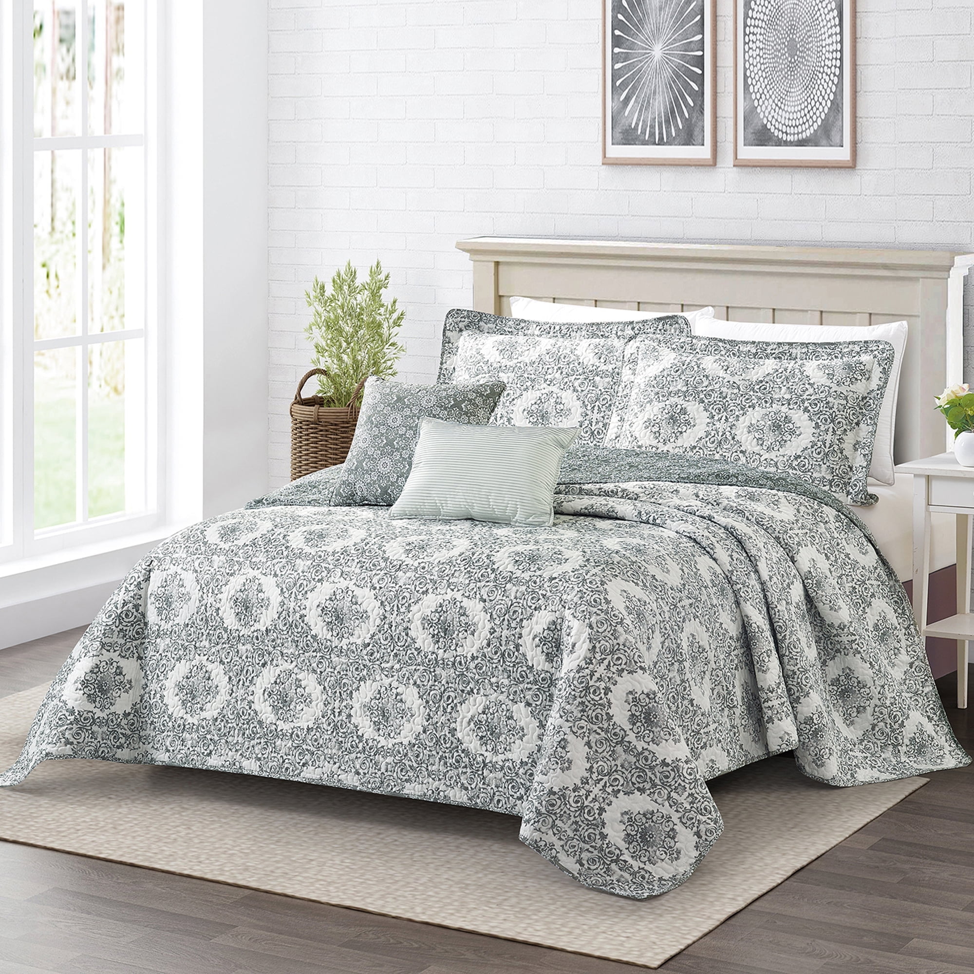 Home Soft Things 5 Piece Printed Microfiber Quilts Bedspread Set ...