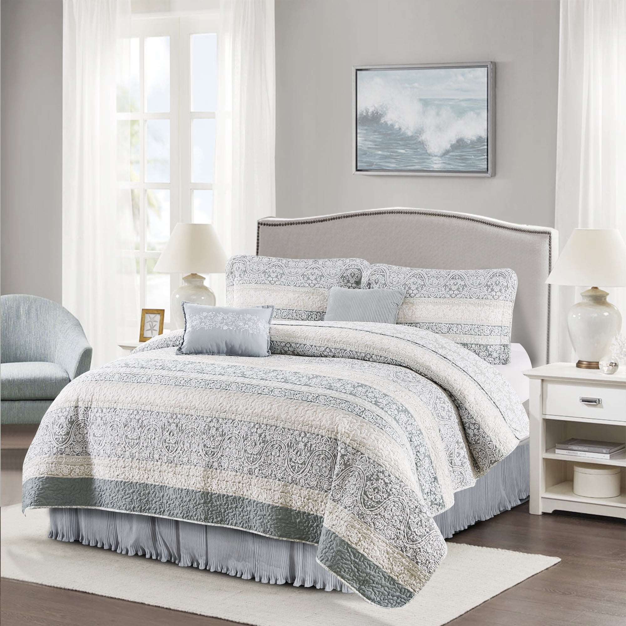 Home Soft Things 6 Piece Printed Microfiber Bedspread Quilt Set with ...