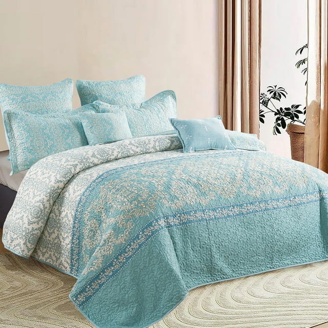 Home Soft Things King Size Turquoise 7 Piece Printed Microfiber Quilt ...