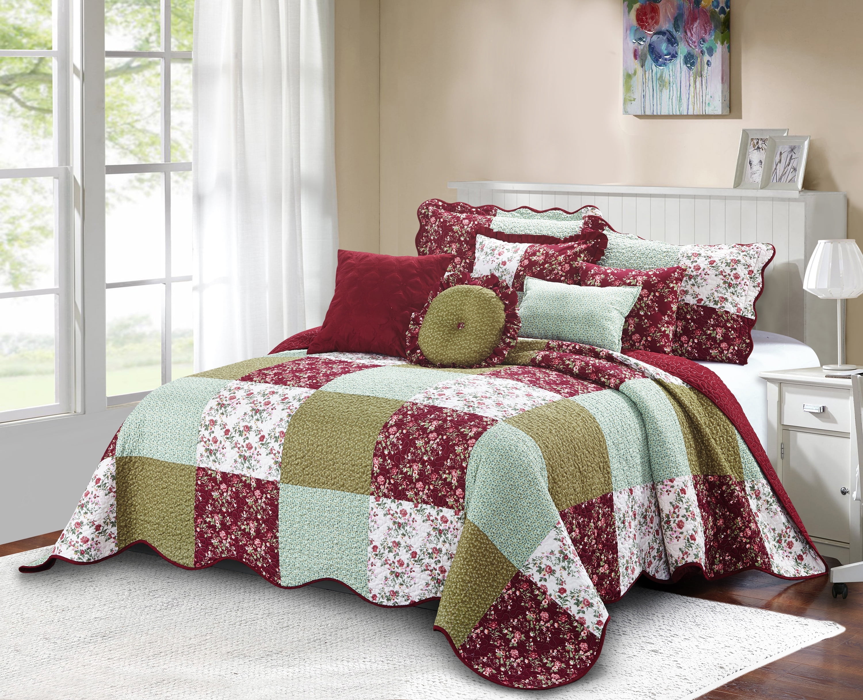 Home Soft Things King Size 8 Piece Bedspread Set, Floral Plaid ...