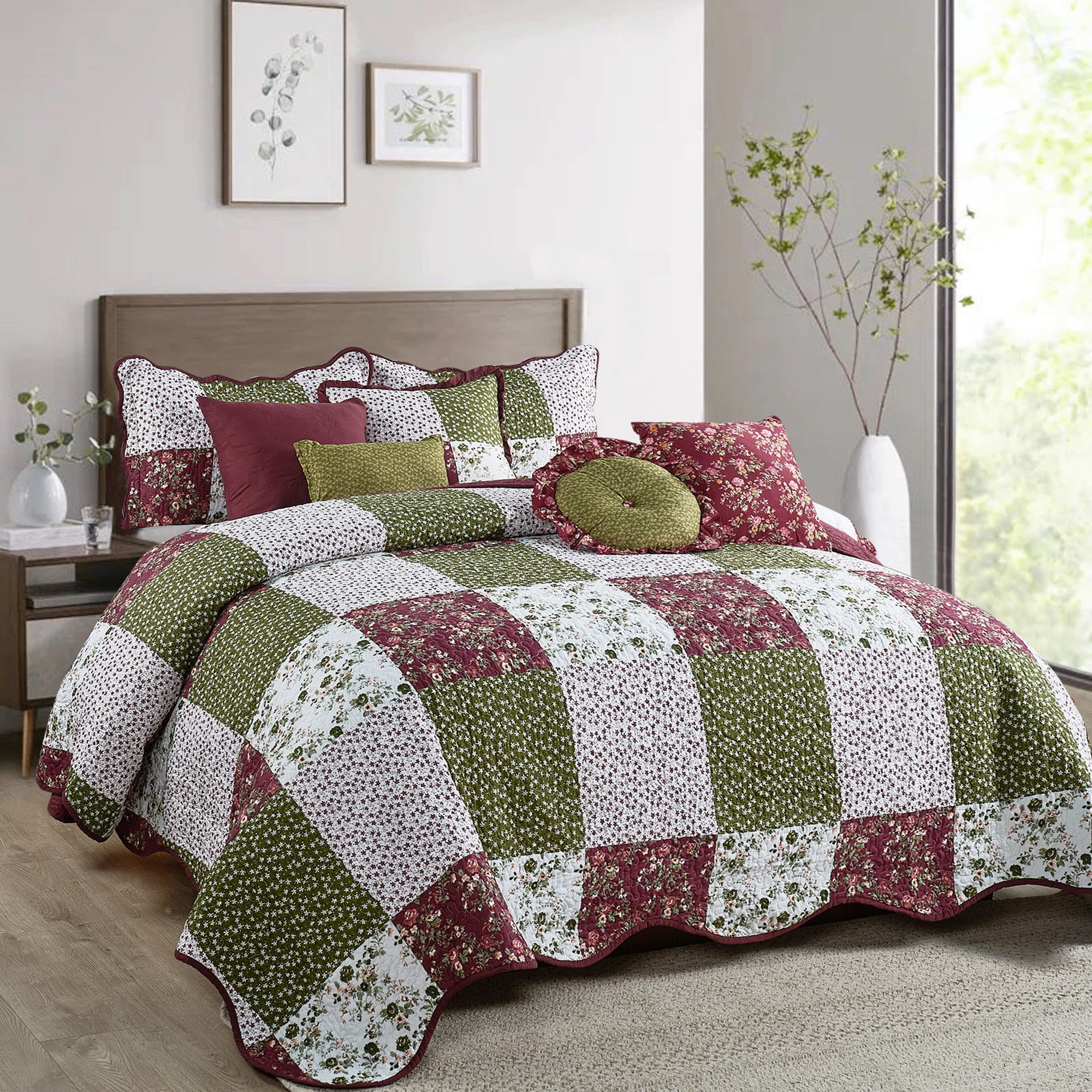 Home Soft Things King Size 8 Piece Bedspread Set, Floral Plaid ...