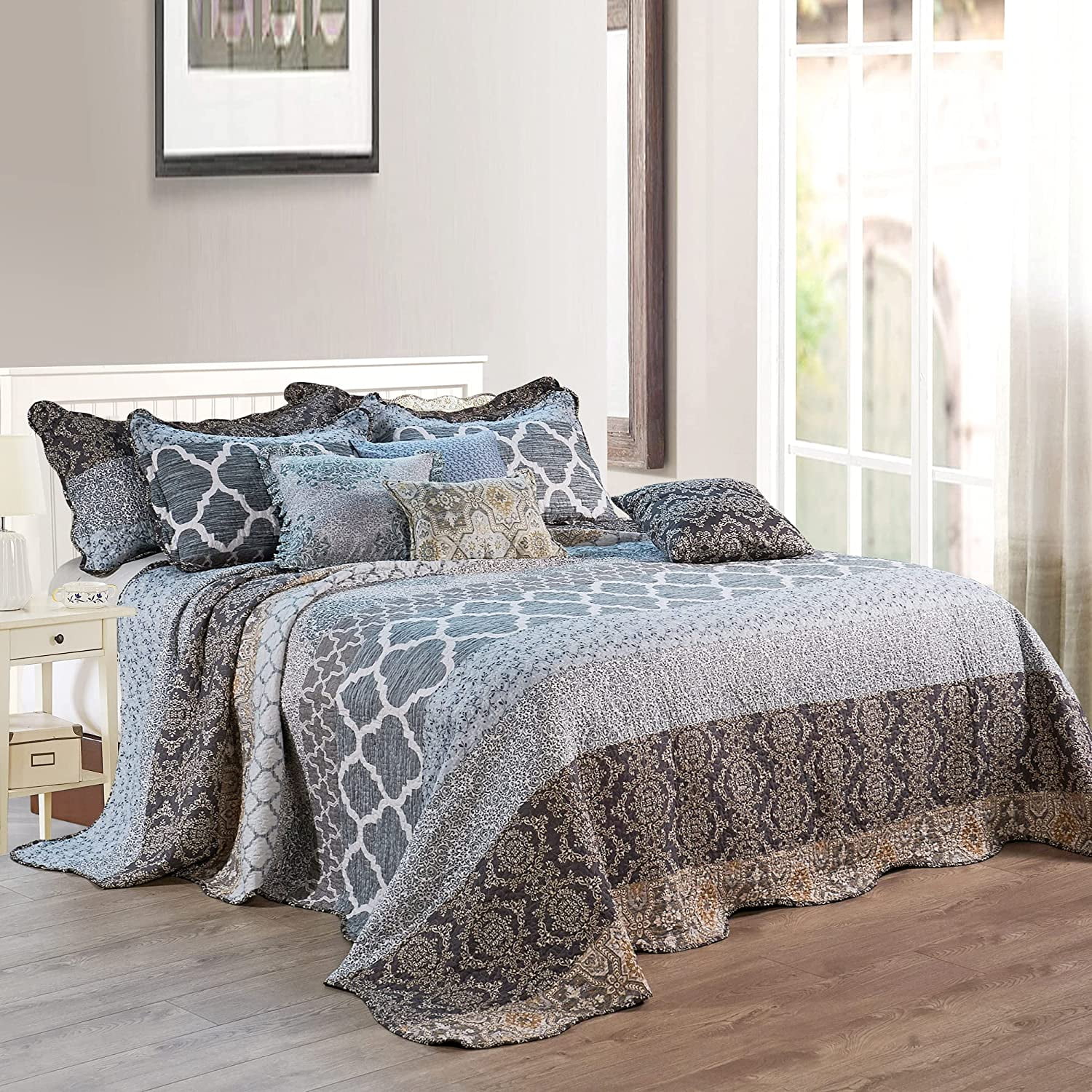 Home Soft Things 9 Piece Printed Striped Bedspread Set, Soft ...