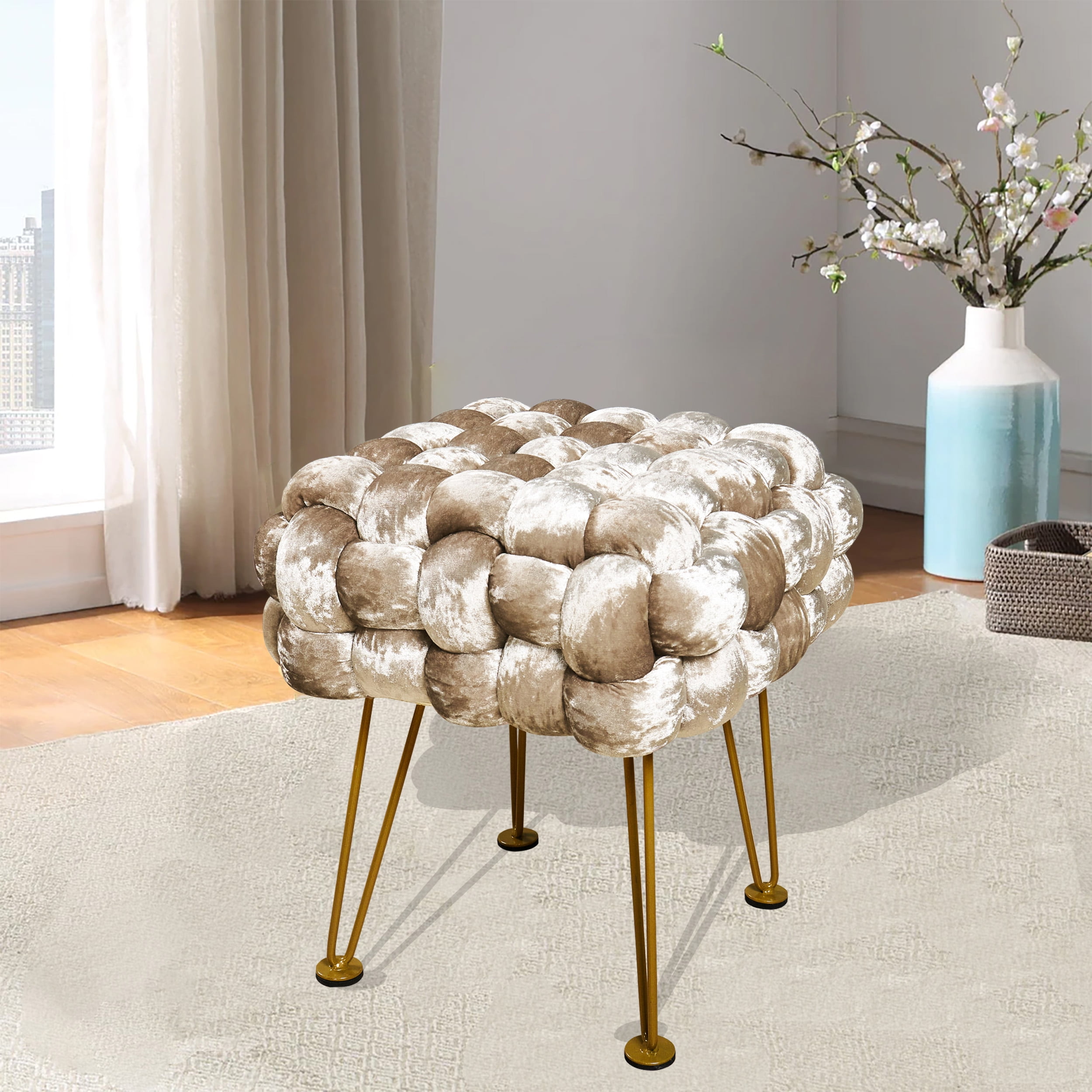 Home Soft Things Crushed Velvet Pouf Stool Ottoman - Bleached Sand ...