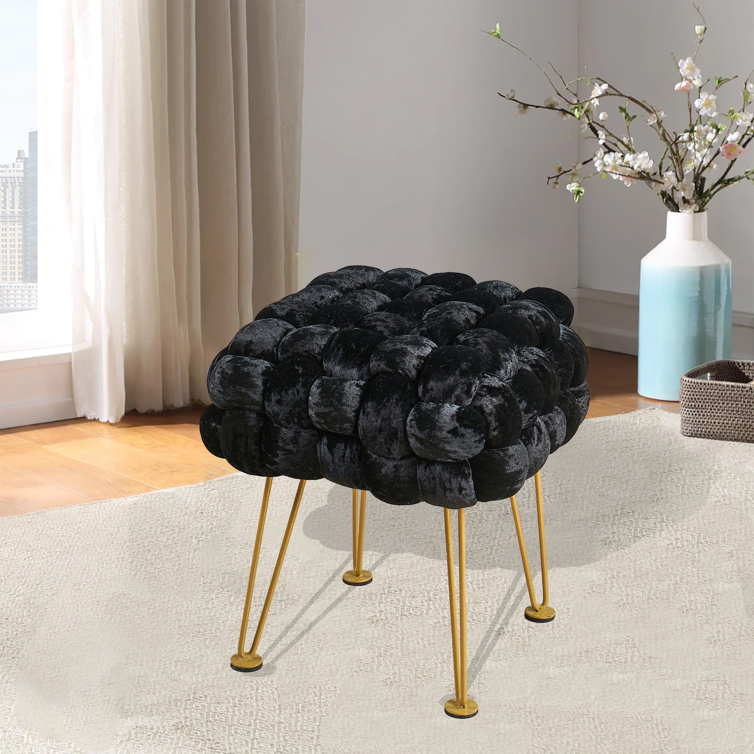 Home Soft Things Crushed Velvet Pouf Stool Ottoman - Jet Black ...
