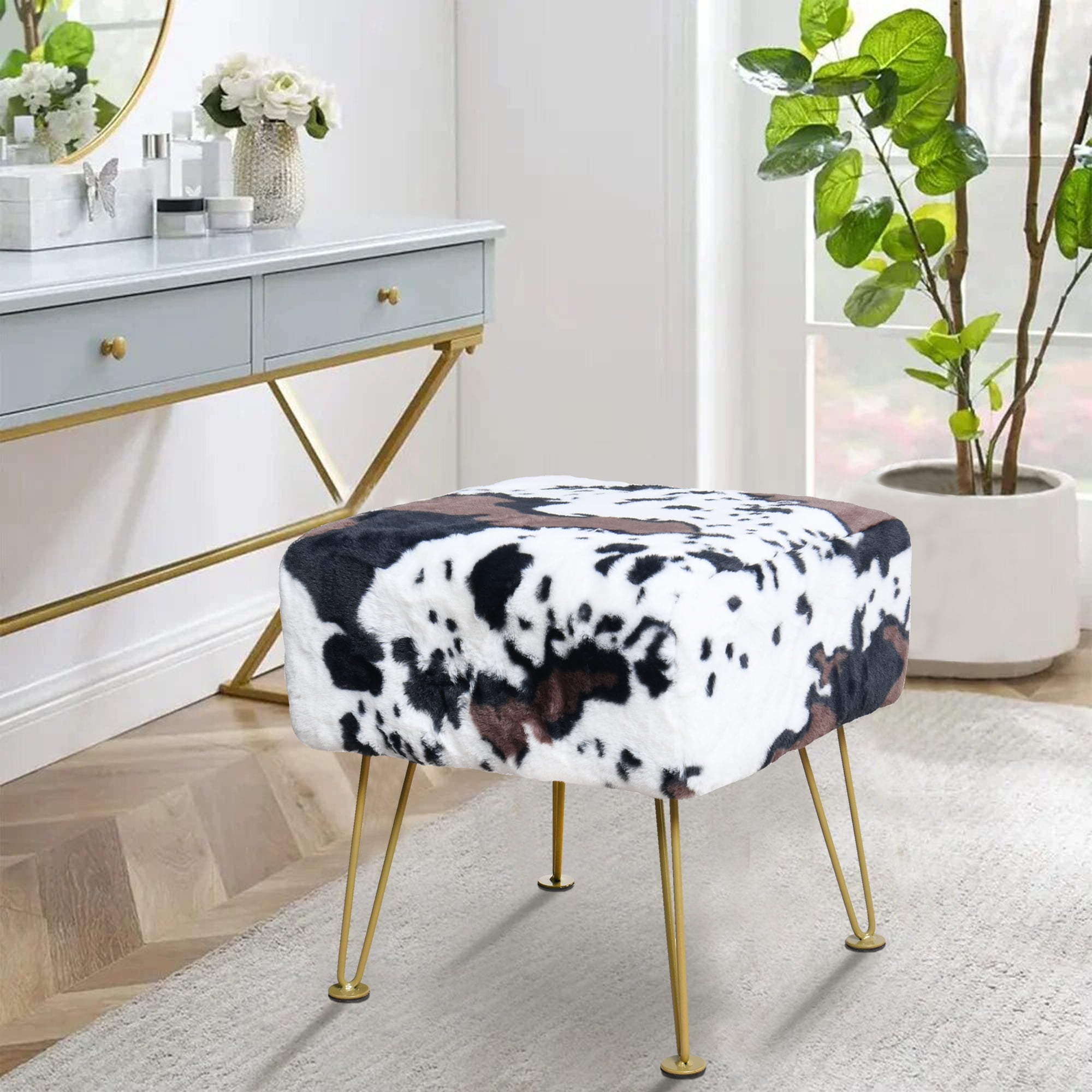 Home Soft Things Faux Fur Ottoman - Cows Flowers - Gold Leg - 17x17x17 ...