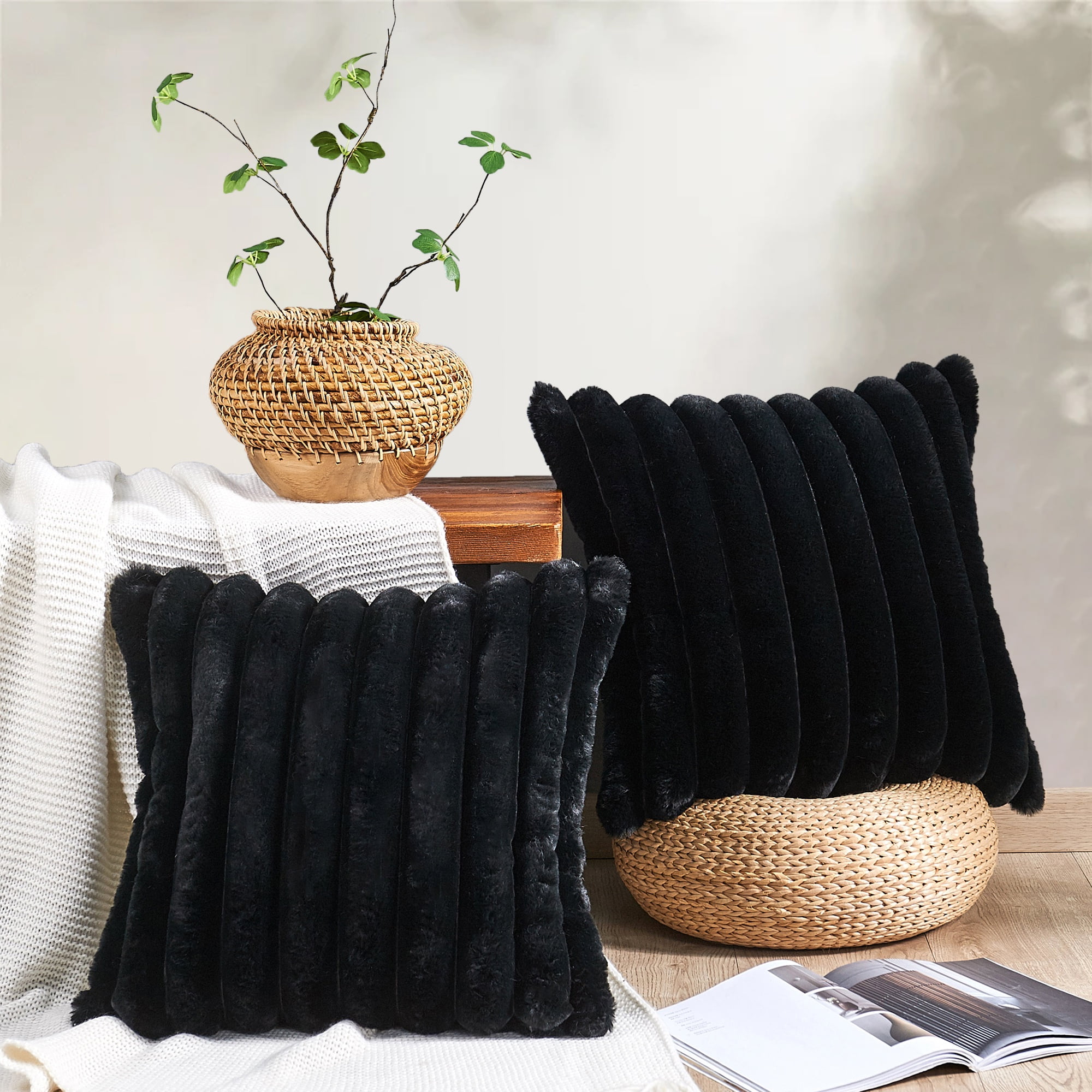 Home Soft Things Fuzzy Striped Faux Fur Pillow Covers, Set of 2, 20"x20 ...
