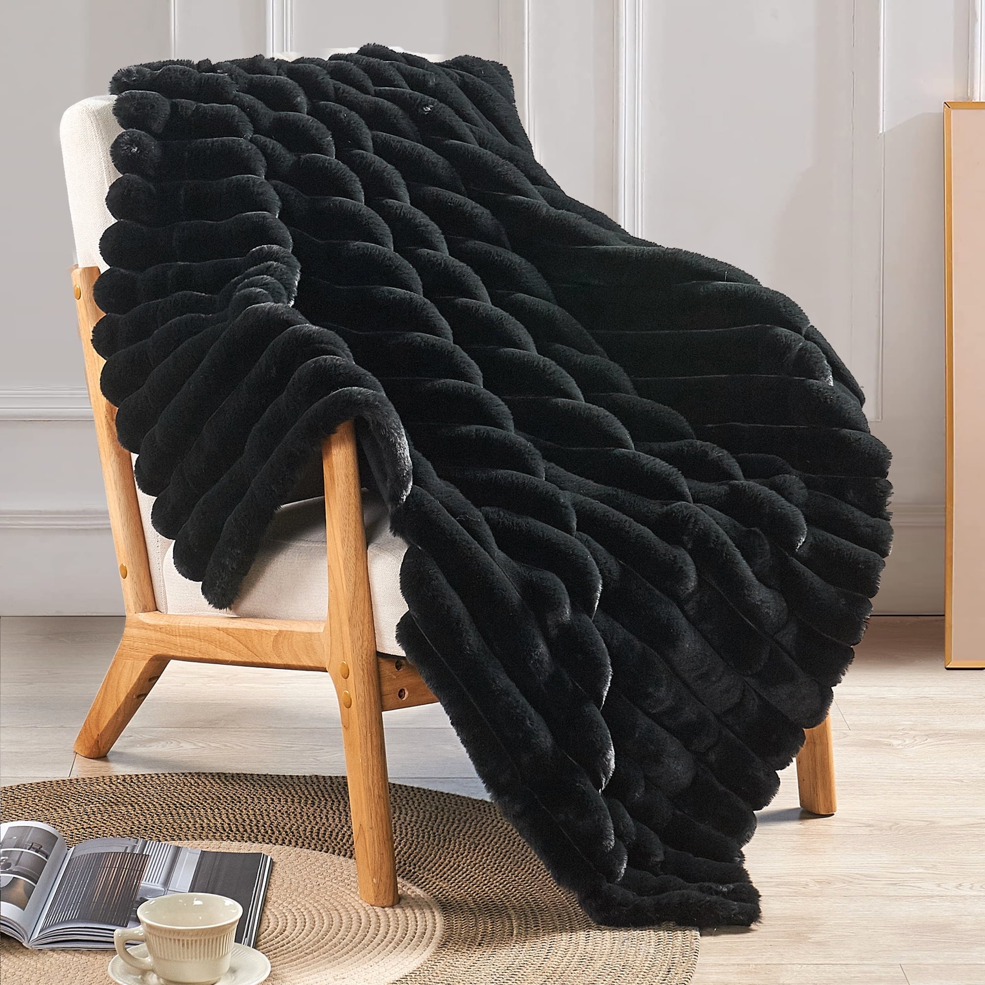 Home Soft Things Fuzzy Striped Faux Fur Throw Blanket with Micromink ...
