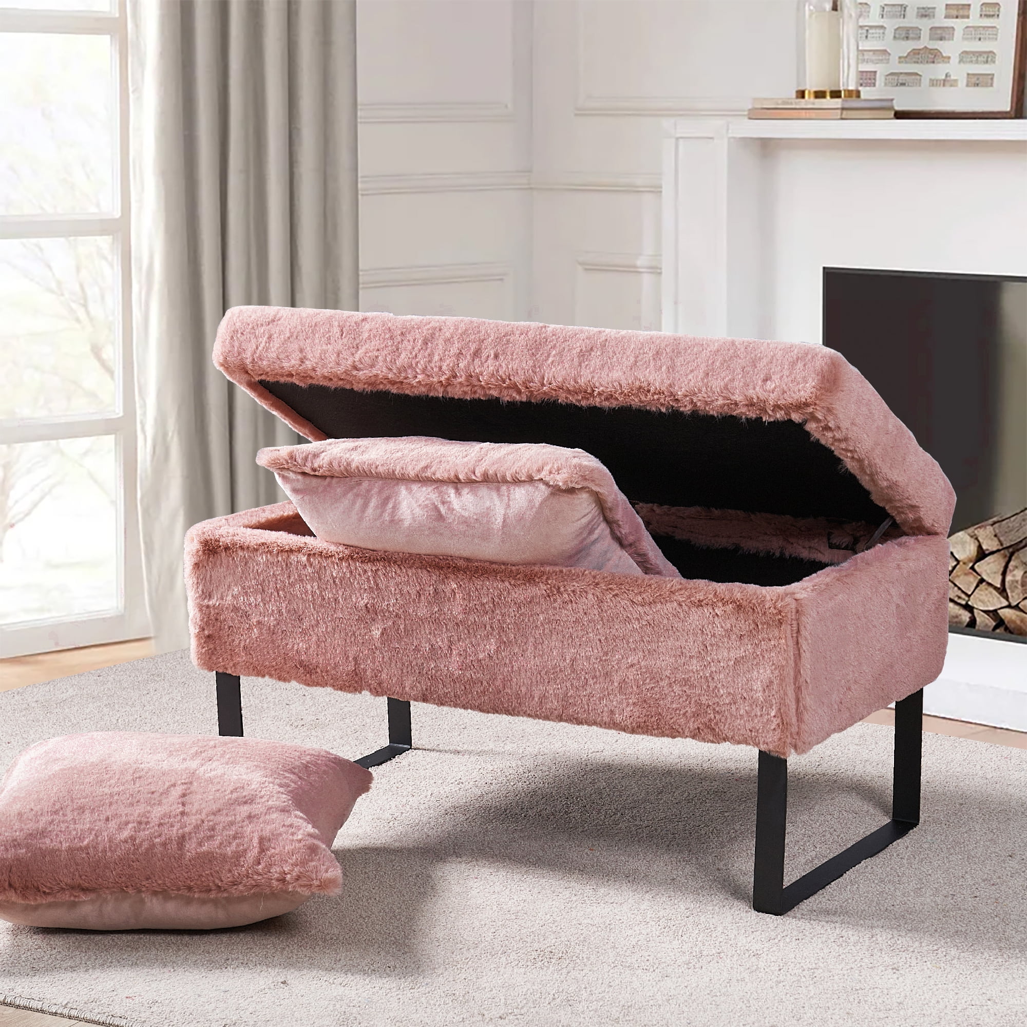 Home Soft Things Heavy FauxFur Storage Ottoman with 2 Pillow Set Rose ...