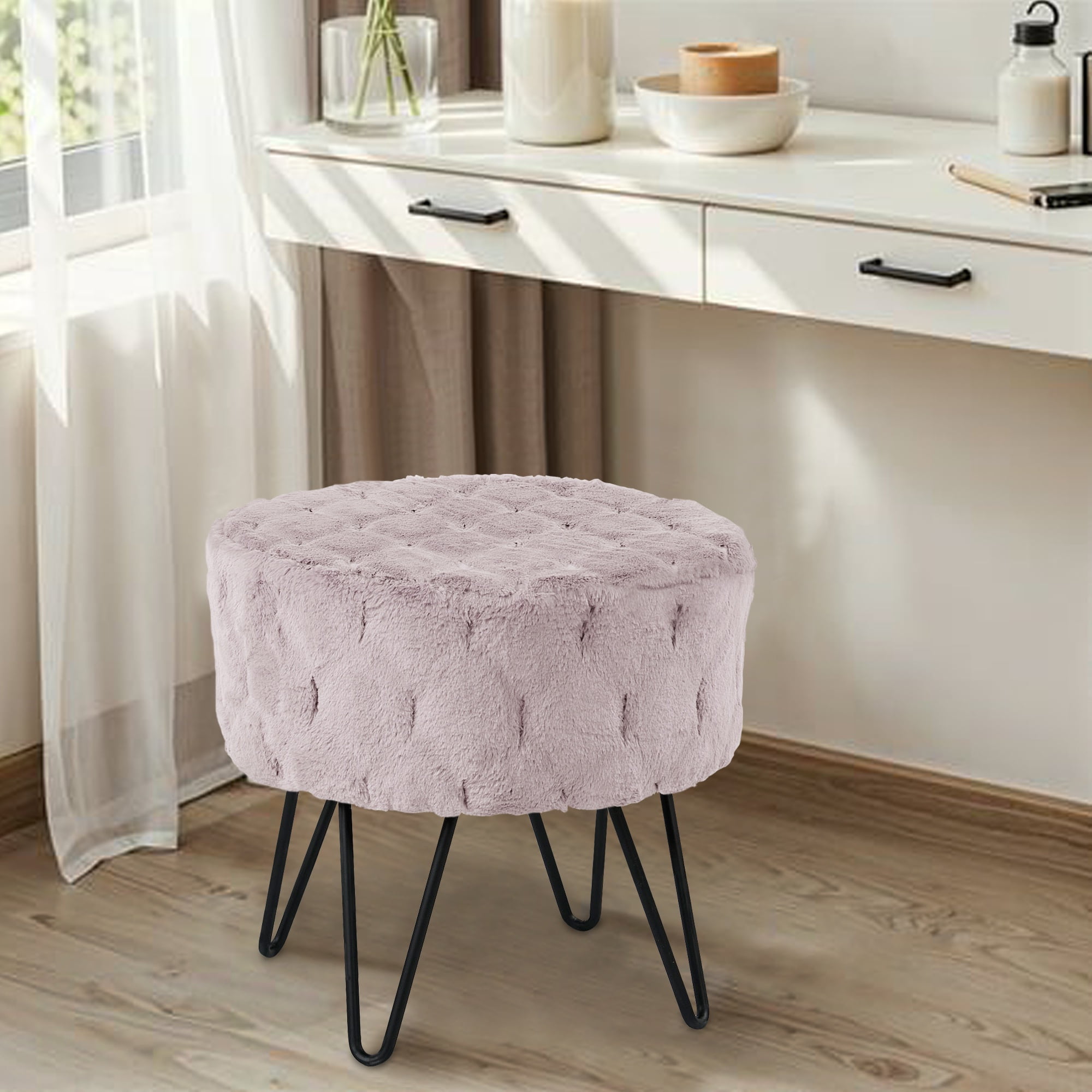 Home Soft Things Jacquard Faux Fur Round Ottoman, 18"x18"x18", Sepia ...