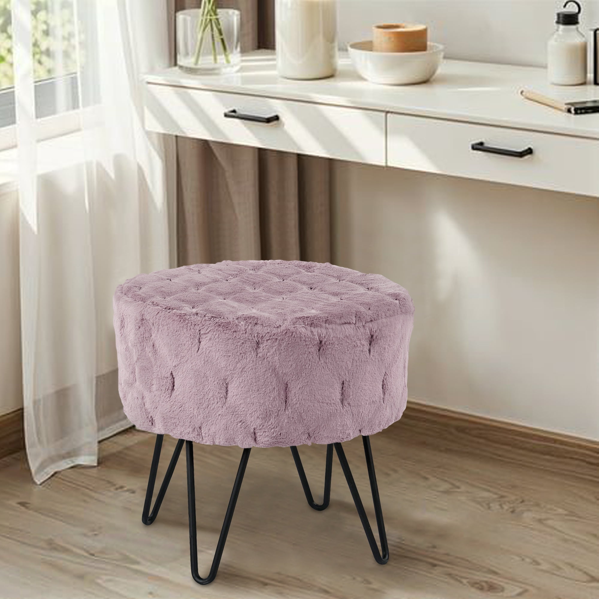Home Soft Things Jacquard Faux Fur Round Ottoman, 18"x18"x18", Violet ...