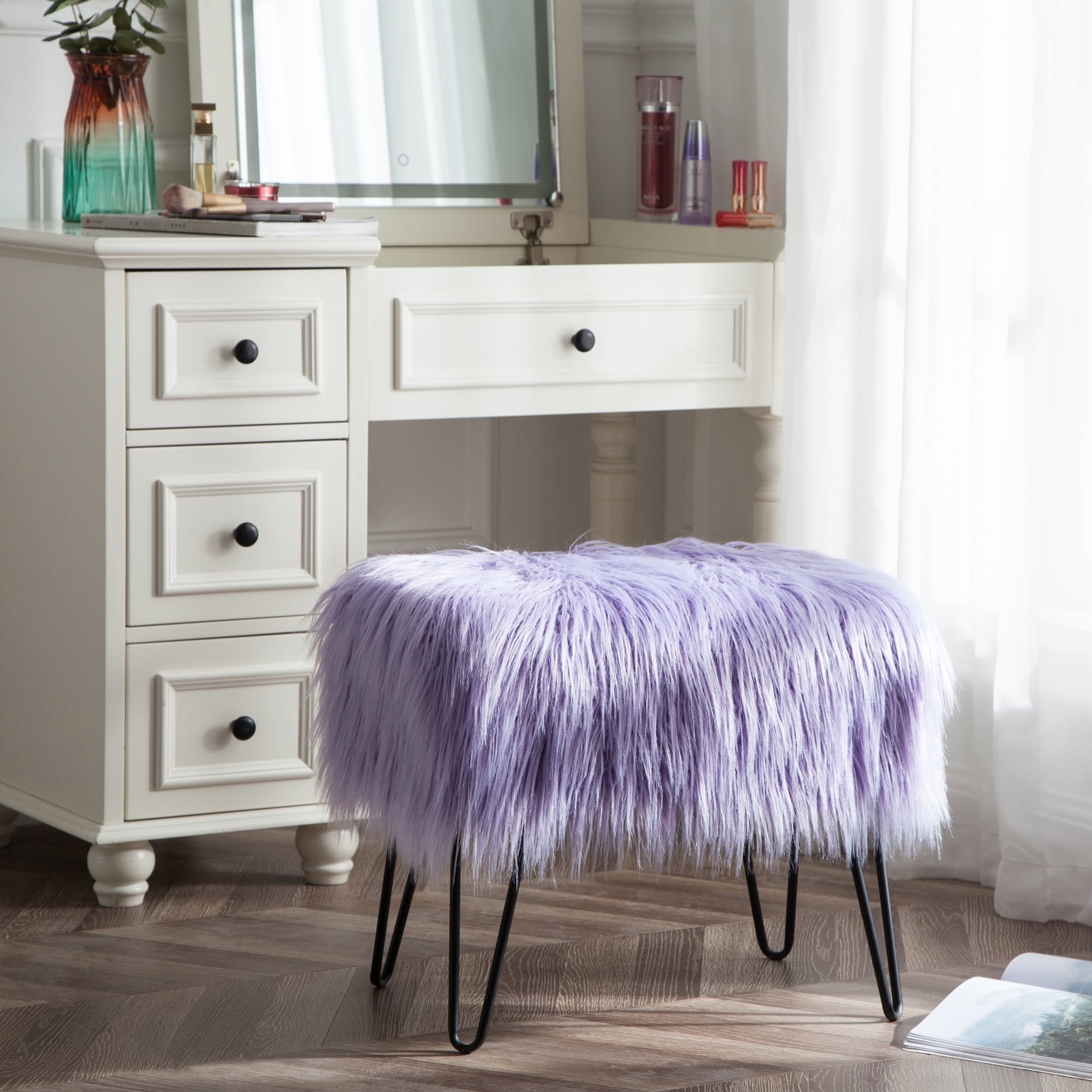 Home Soft Things Mongolian Faux-Fur Ottoman with Black Metal Legs ...