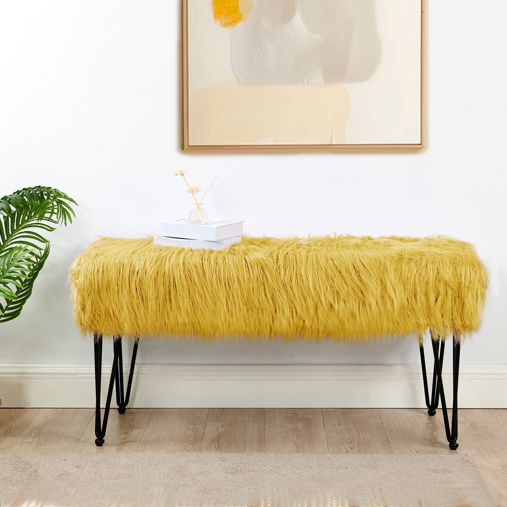 Home Soft Things Mongolian Faux-Fur Ottoman with Black Metal Legs,Lemon ...