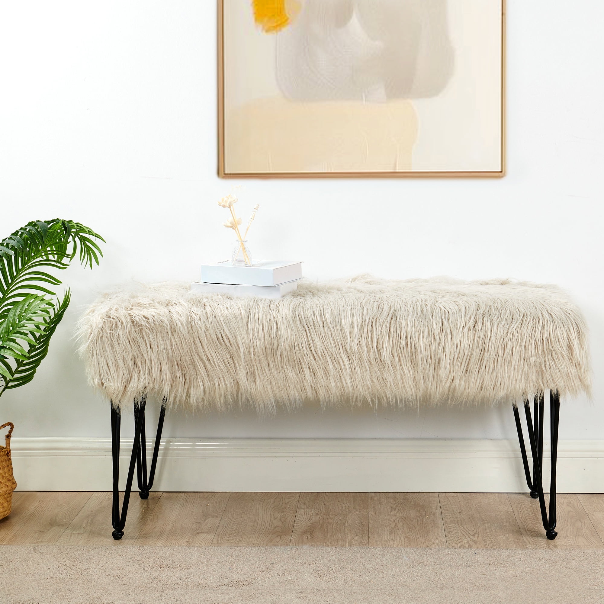 Home Soft Things Mongolian Faux-Fur Ottoman with Black Metal Legs ...