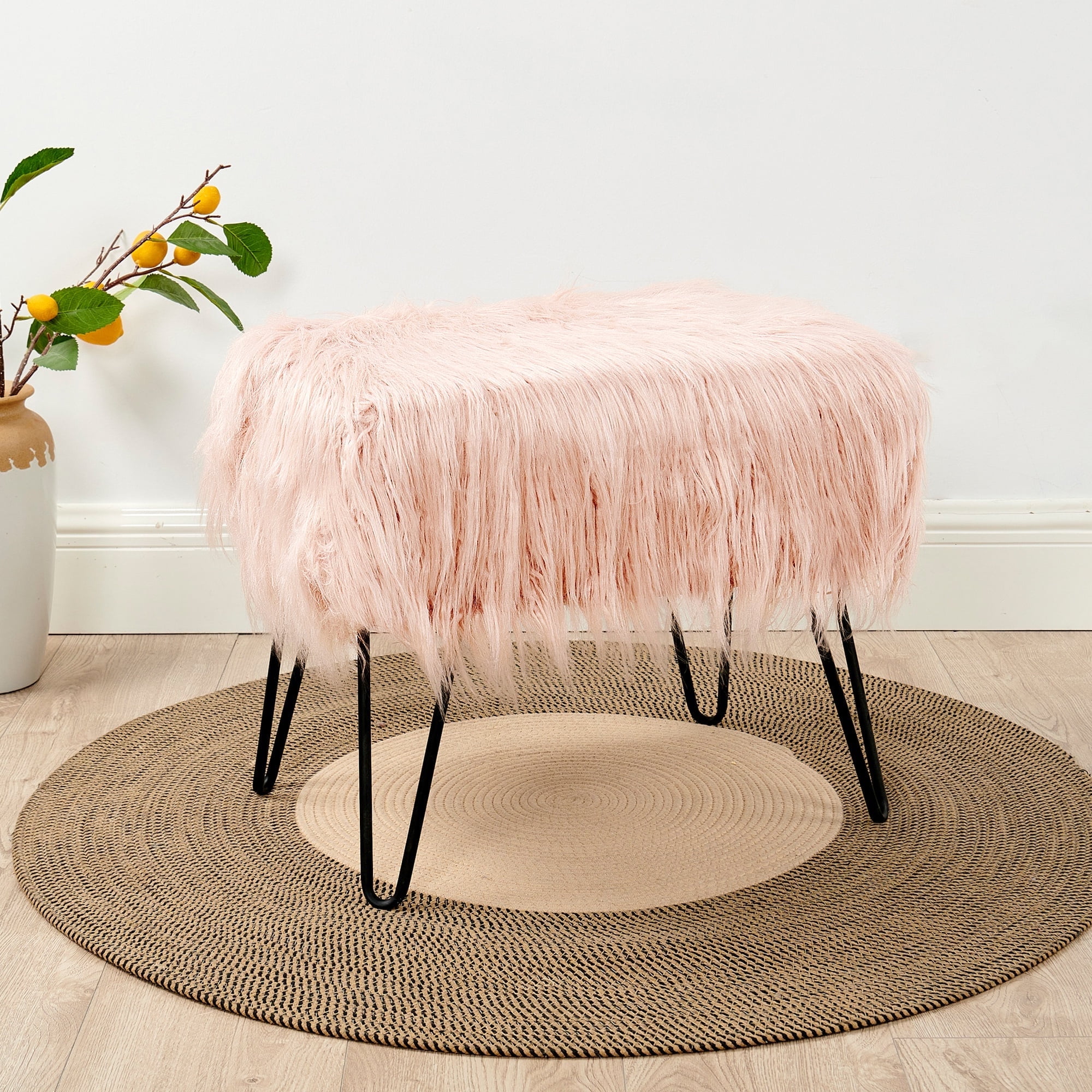 Home Soft Things Mongolian Faux-Fur Ottoman with Black Metal Legs, Rose ...