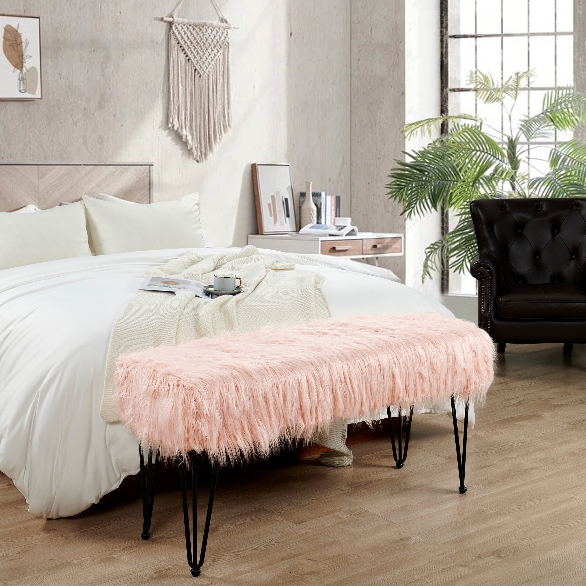 Home Soft Things Mongolian Faux-Fur Ottoman with Black Metal Legs, Rose ...