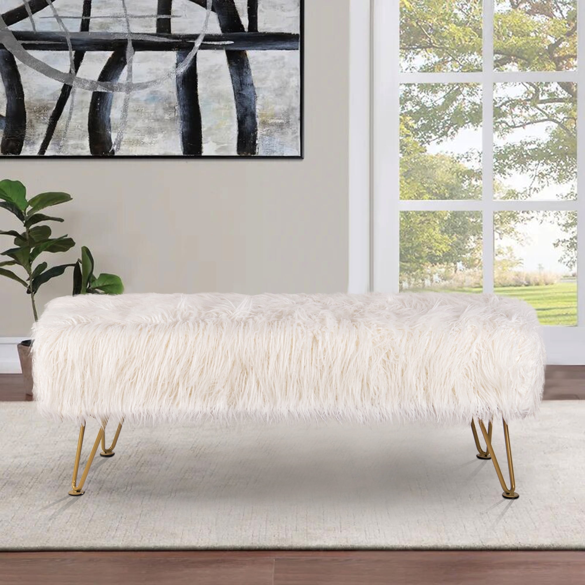 Home Soft Things Mongolian Faux-Fur Ottoman with Gold Metal Legs ...