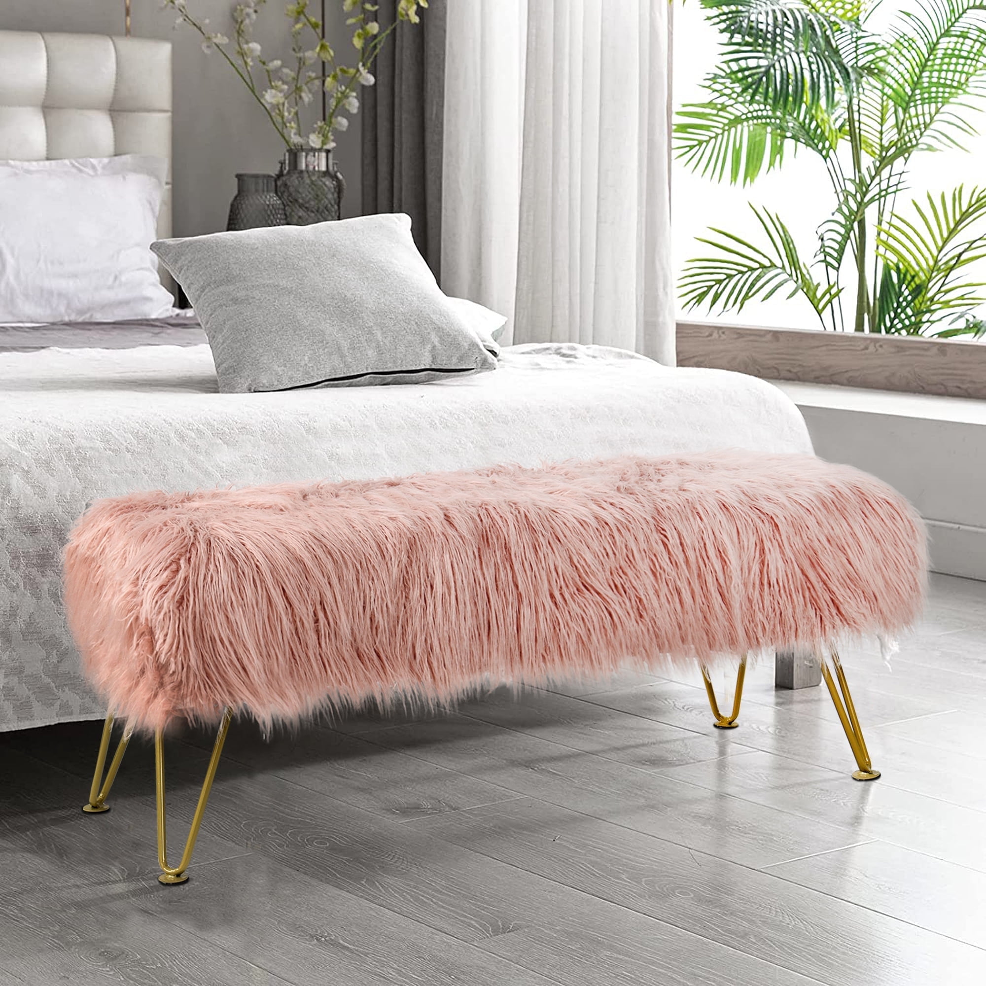 Home Soft Things Mongolian Faux-Fur Ottoman with Gold Metal Legs, Coral ...