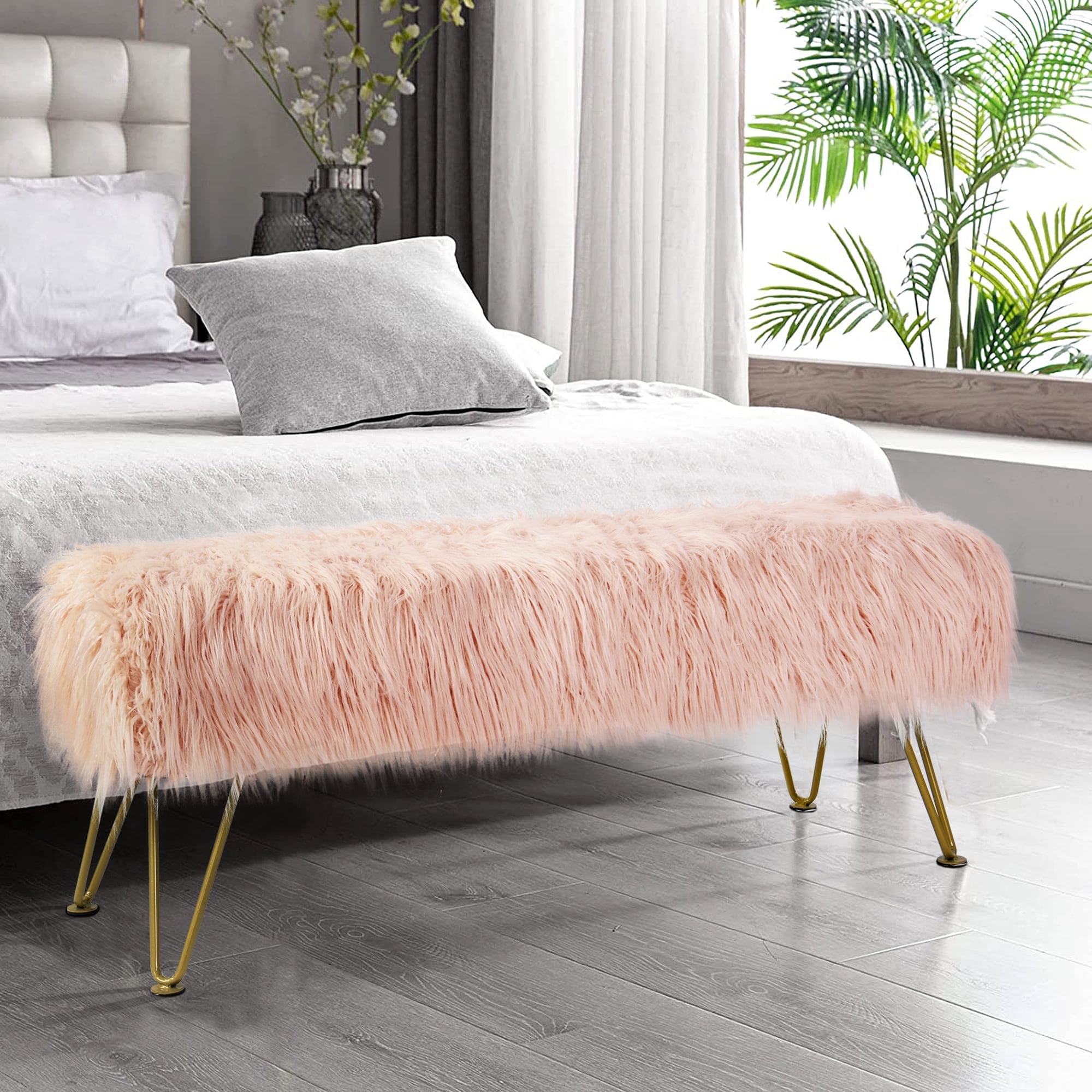 Home Soft Things Mongolian Faux-Fur Ottoman with Gold Metal Legs, Rose ...